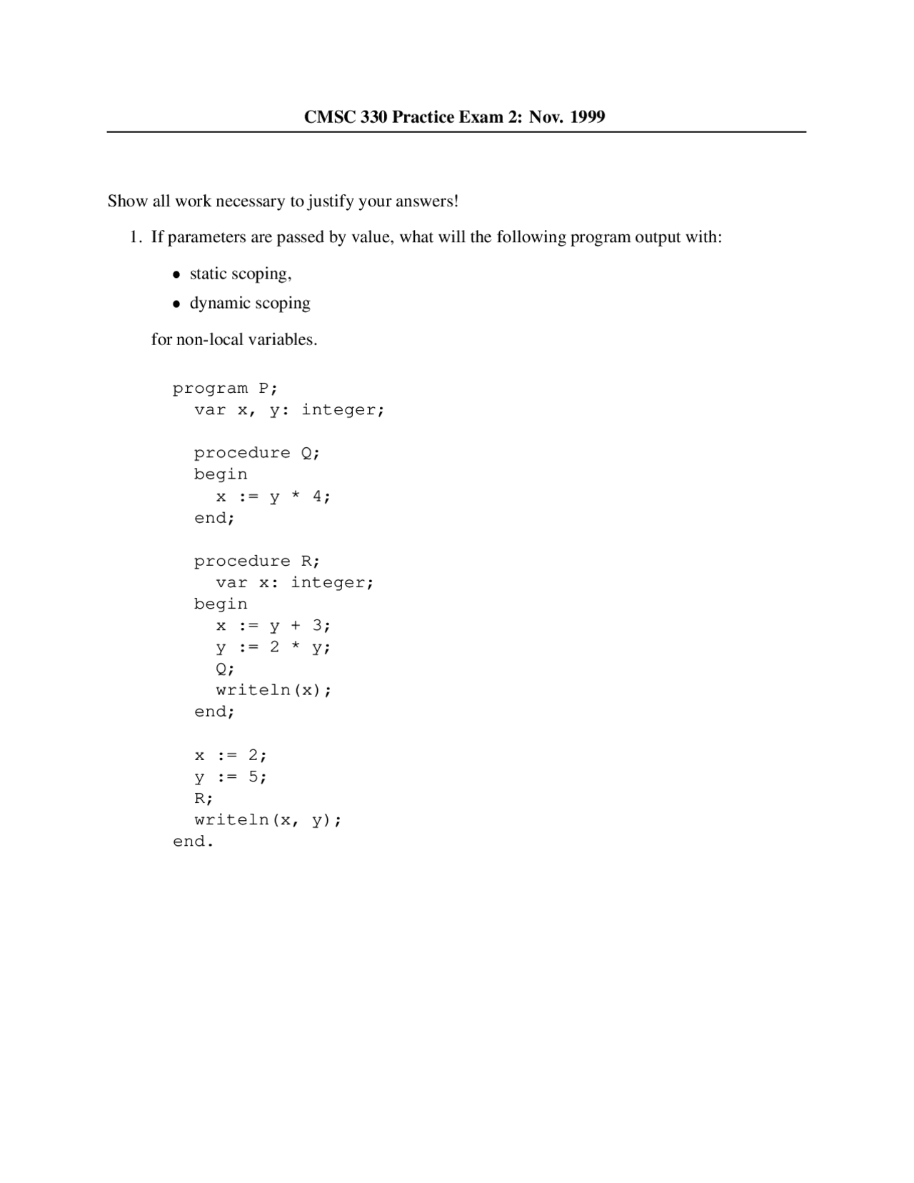 Practice Exam Questions 2 Organization Programming Language Cmsc
