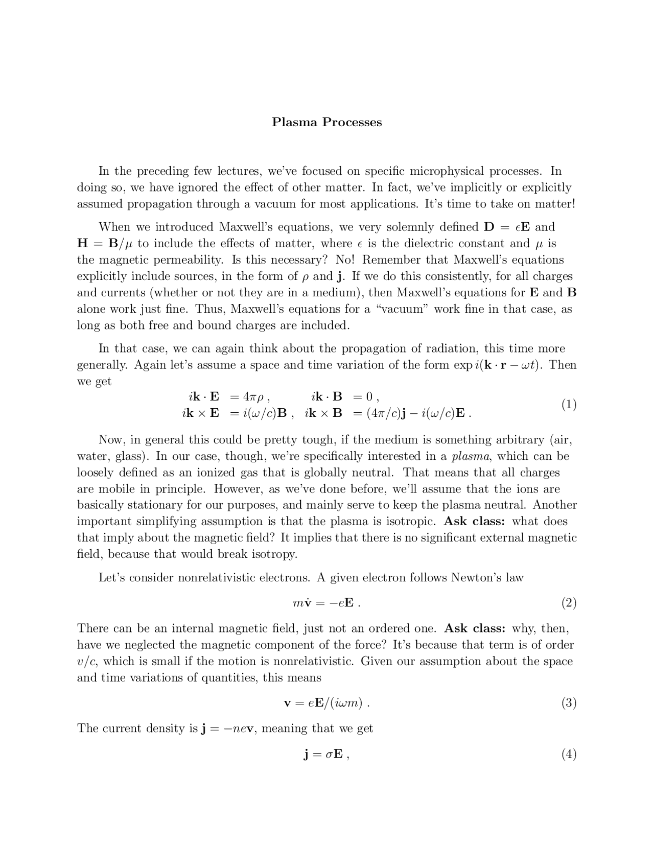 Lecture Notes On Plasma Processes Radiative Processes Astr 601
