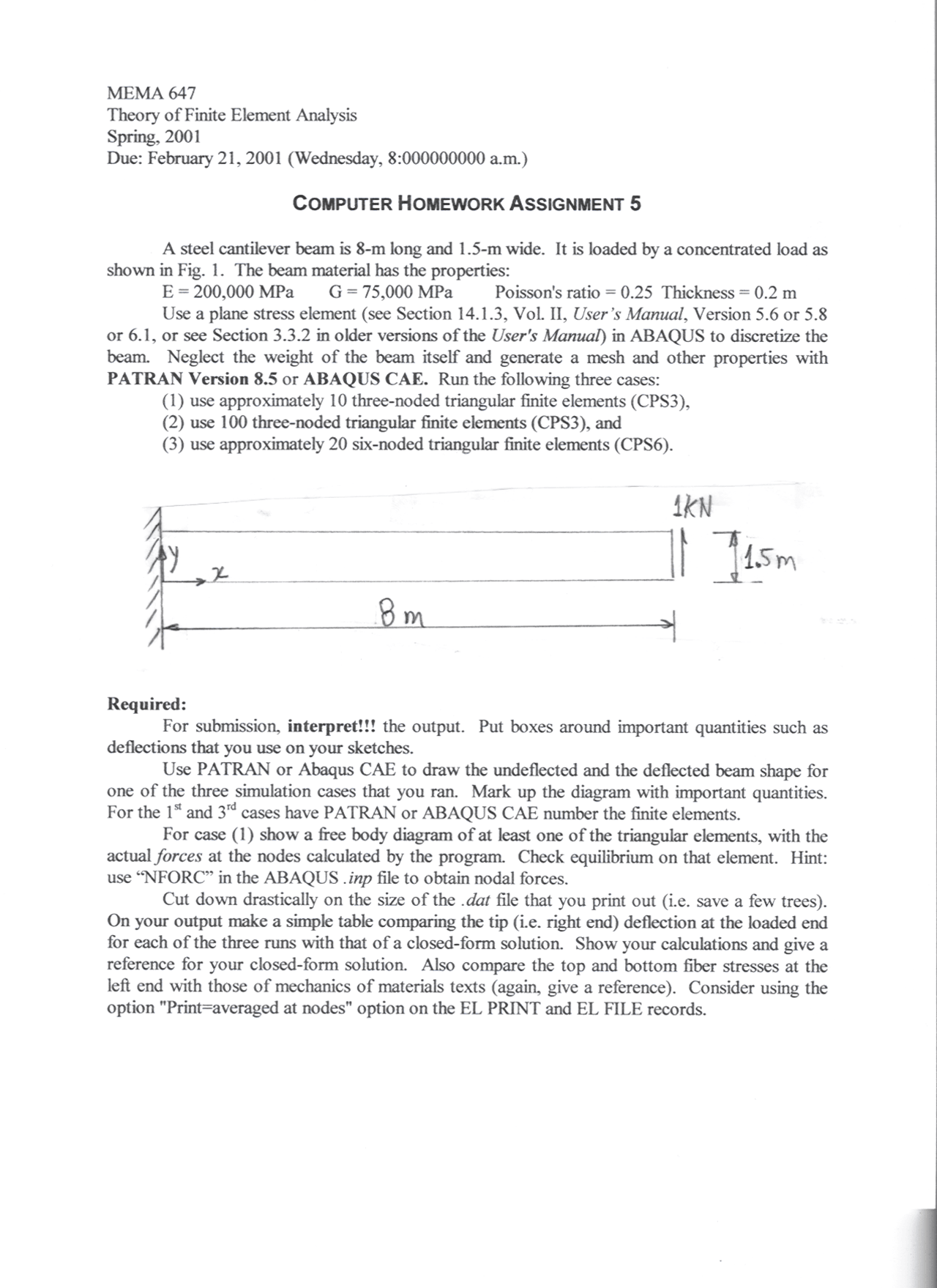 Theory Of Finite Element Analysis Homework 5 Problems Mema 647 Docsity