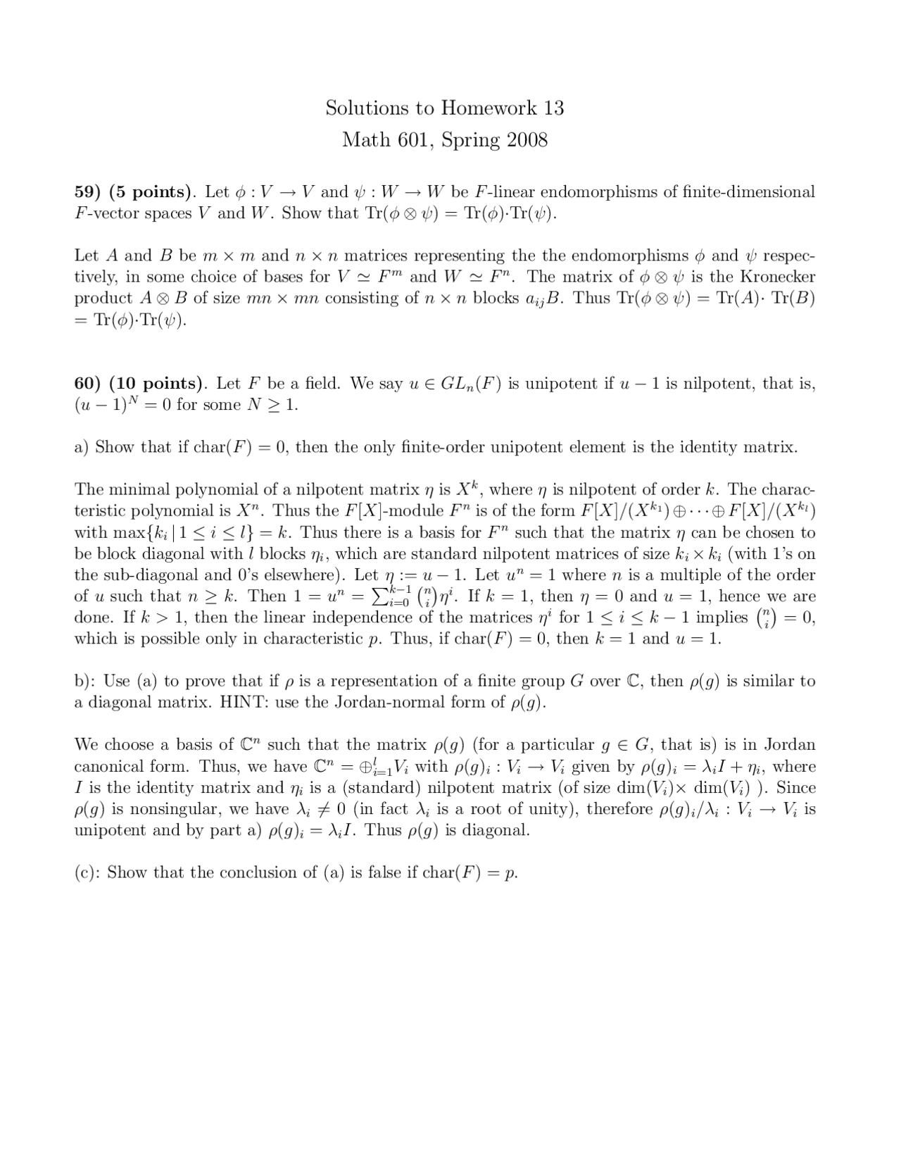 8 Solved Problems on Linear Endomorphism - Homework 13 | MATH 601 - Docsity