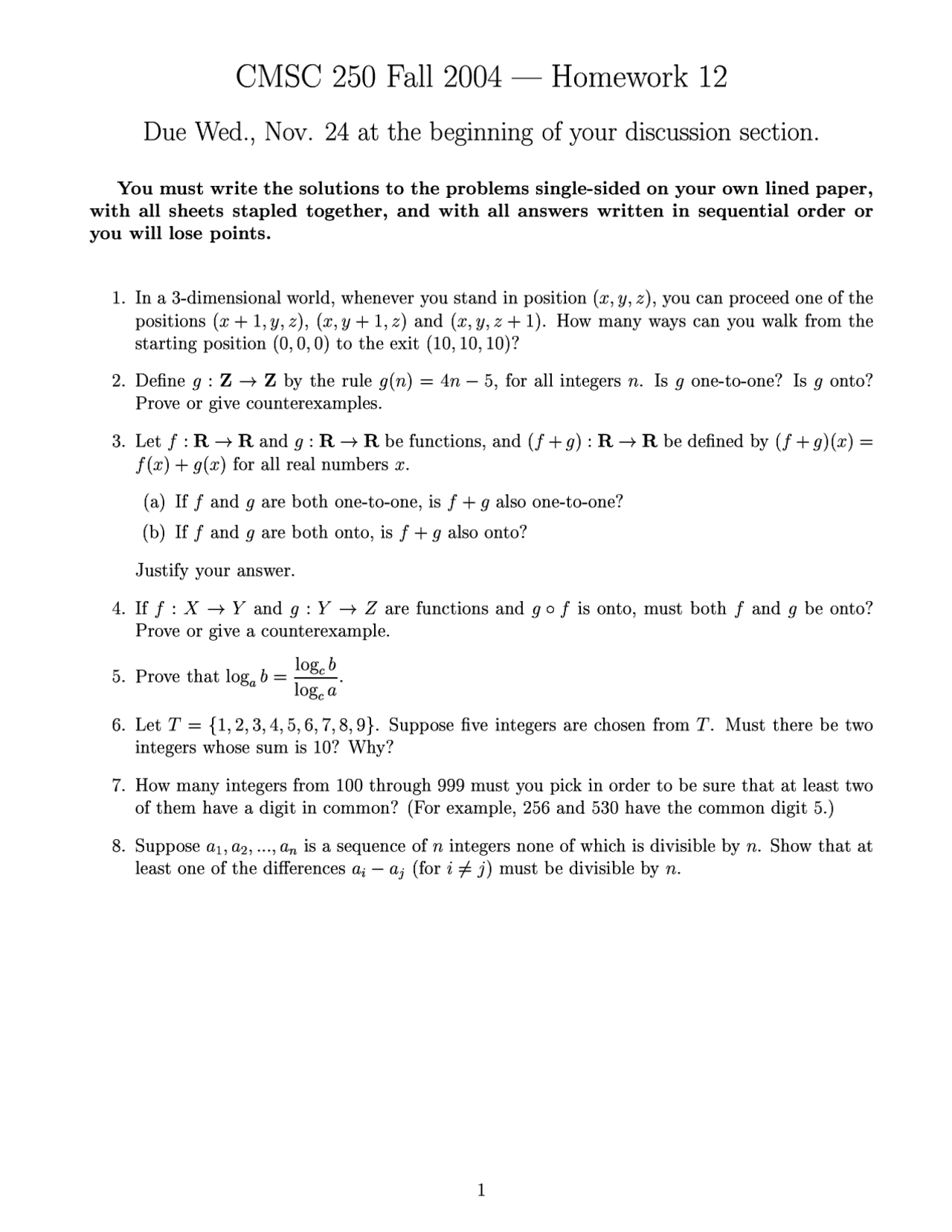 Homework 12 Discrete Structures Fall 2004 Cmsc 250 Docsity