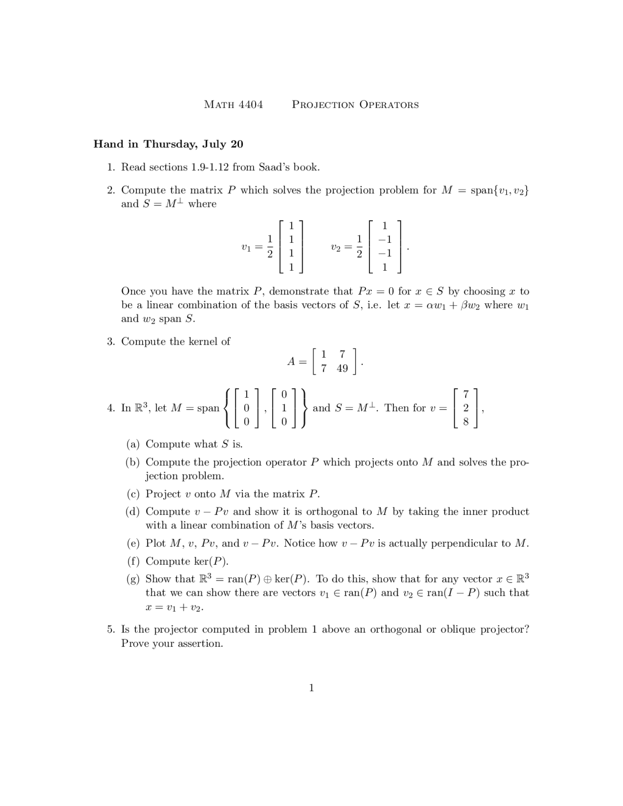 Projection Operation Applied Numerical Methods Math 4404 Docsity