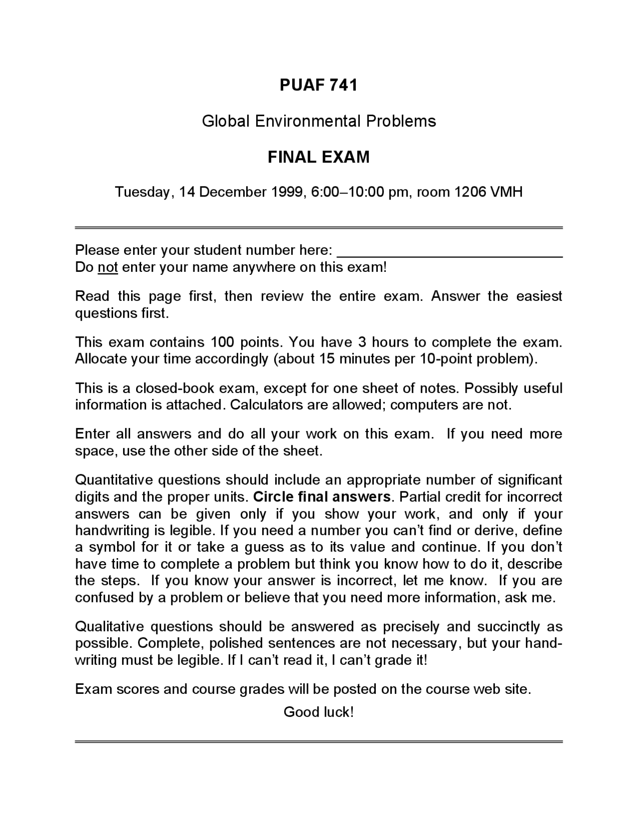 Global Environmental Problems - Final Exam | PUAF 741 | Exams ...