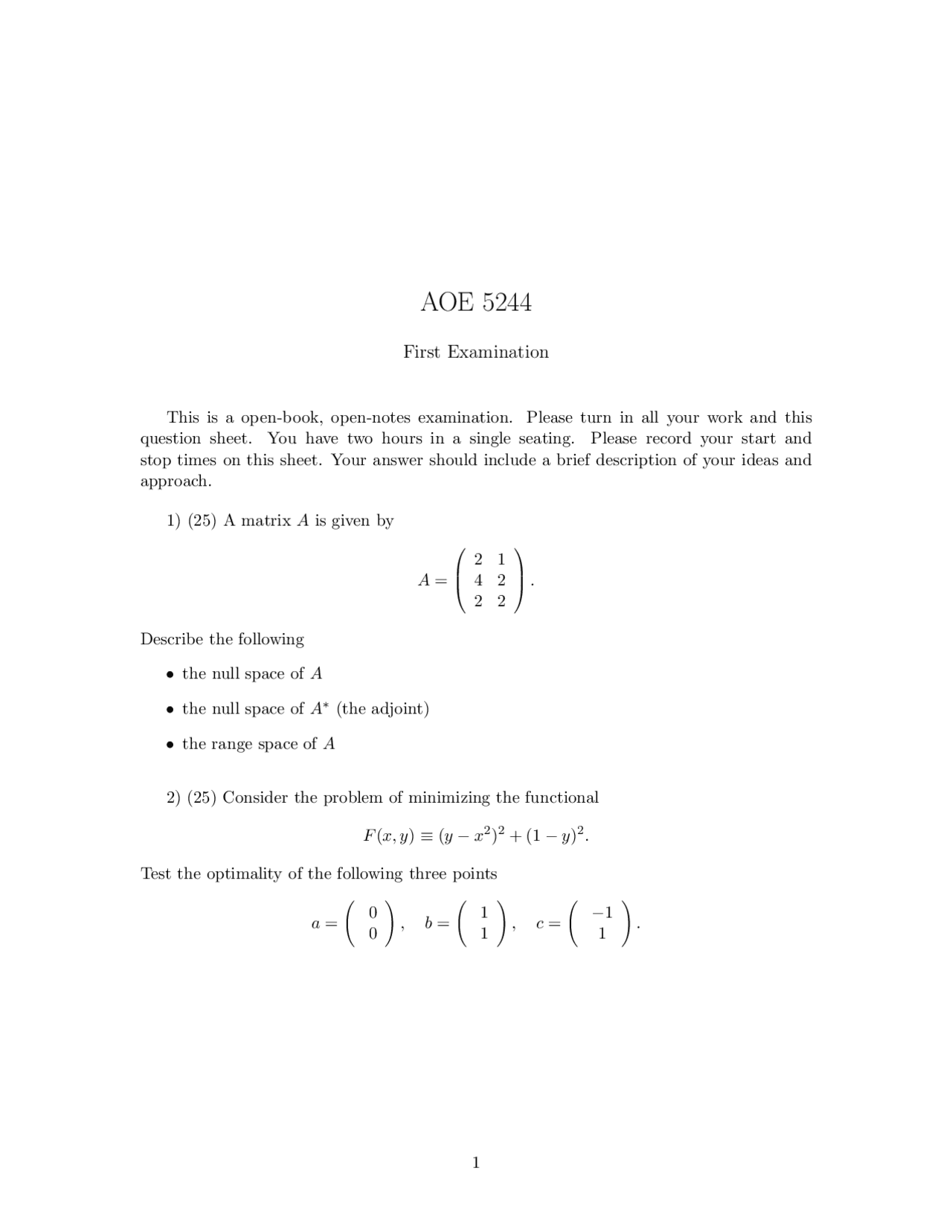 First Exam For Optimization Techniques Aoe 5244 Docsity