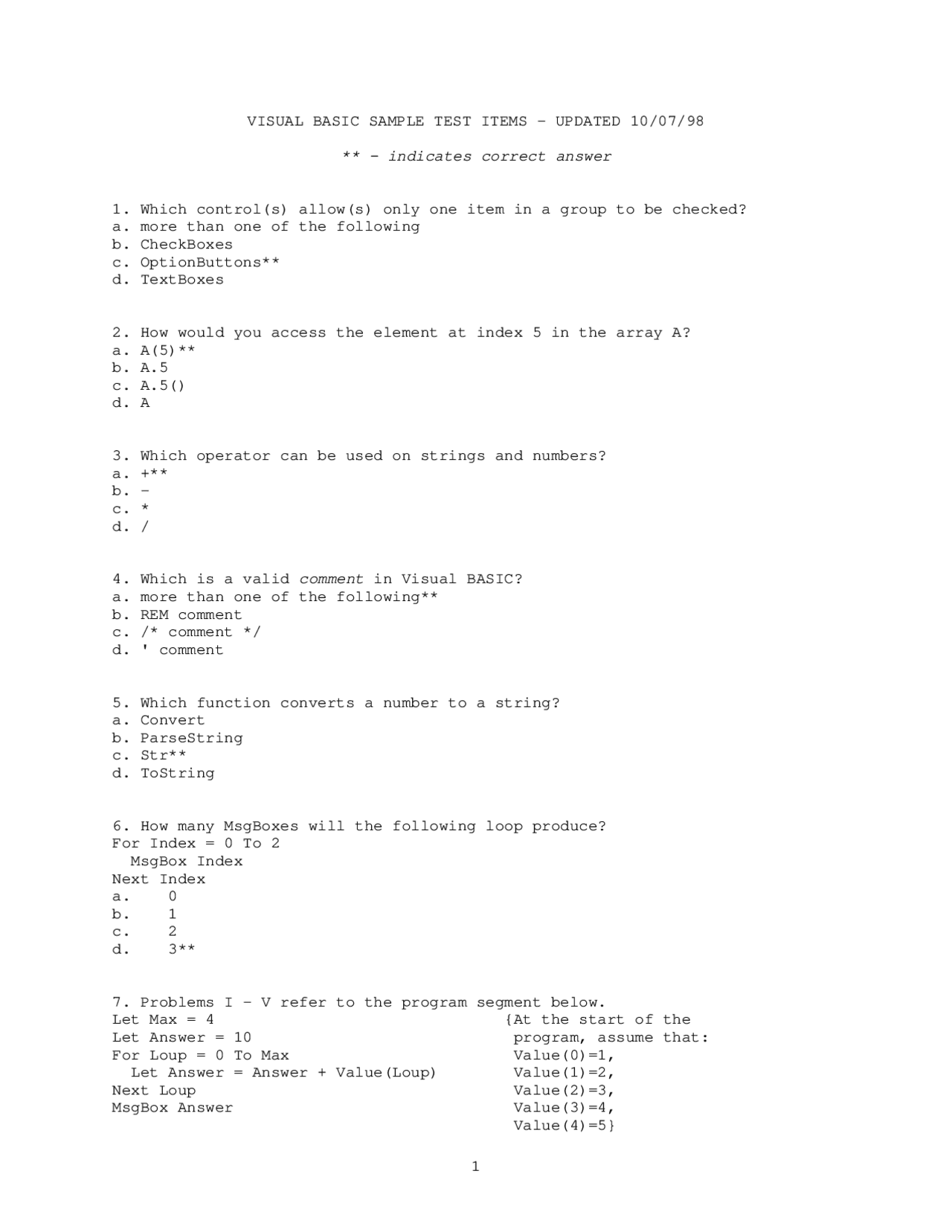 Visual Basic Sample Test Items - Web Program I | EME 6930 - Docsity
