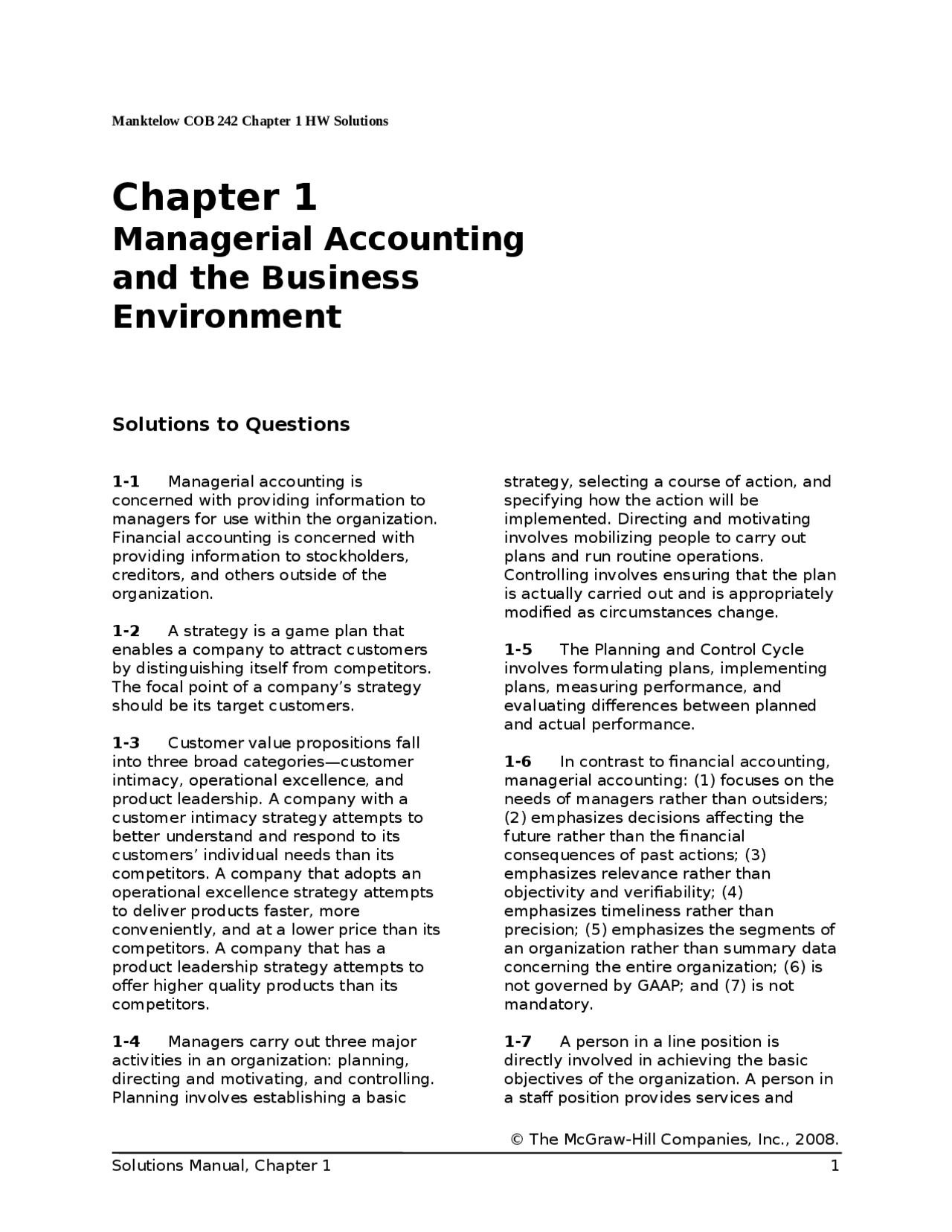 Solutions To Questions On Managerial Accounting Assignment 1 Cob