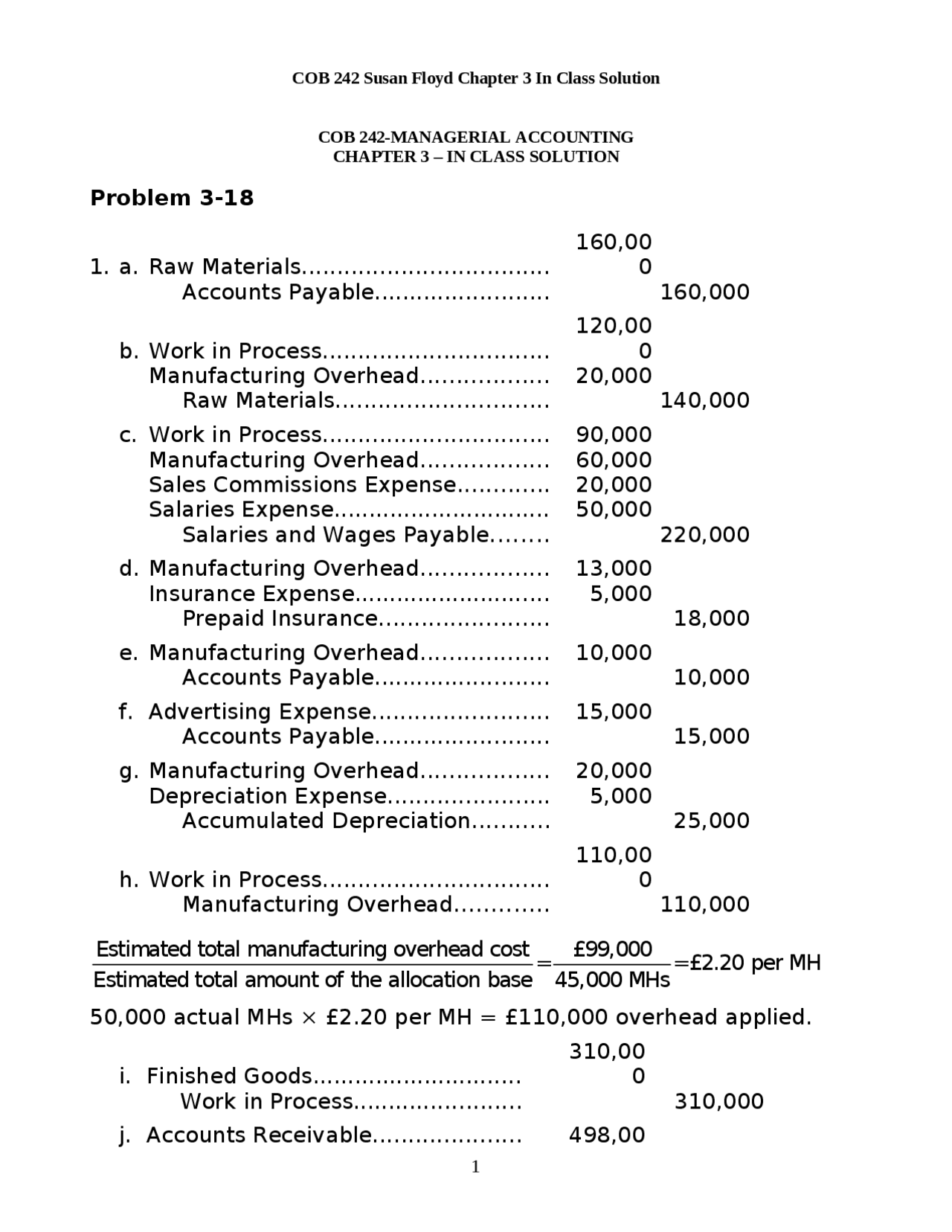 Problem With Solution Managerial Accounting Cob 242 Assignments