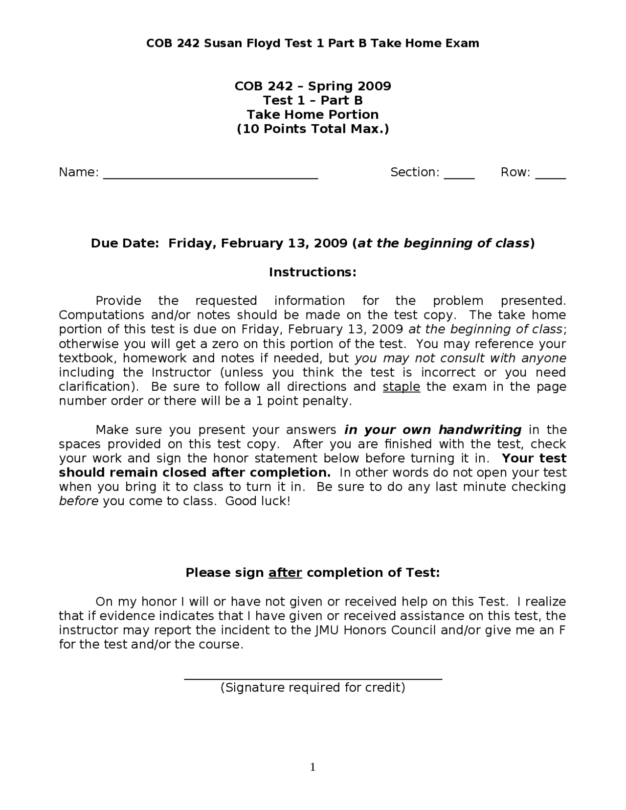 Test 1 Take Home Exam Questions Managerial Accounting Cob 242 Docsity