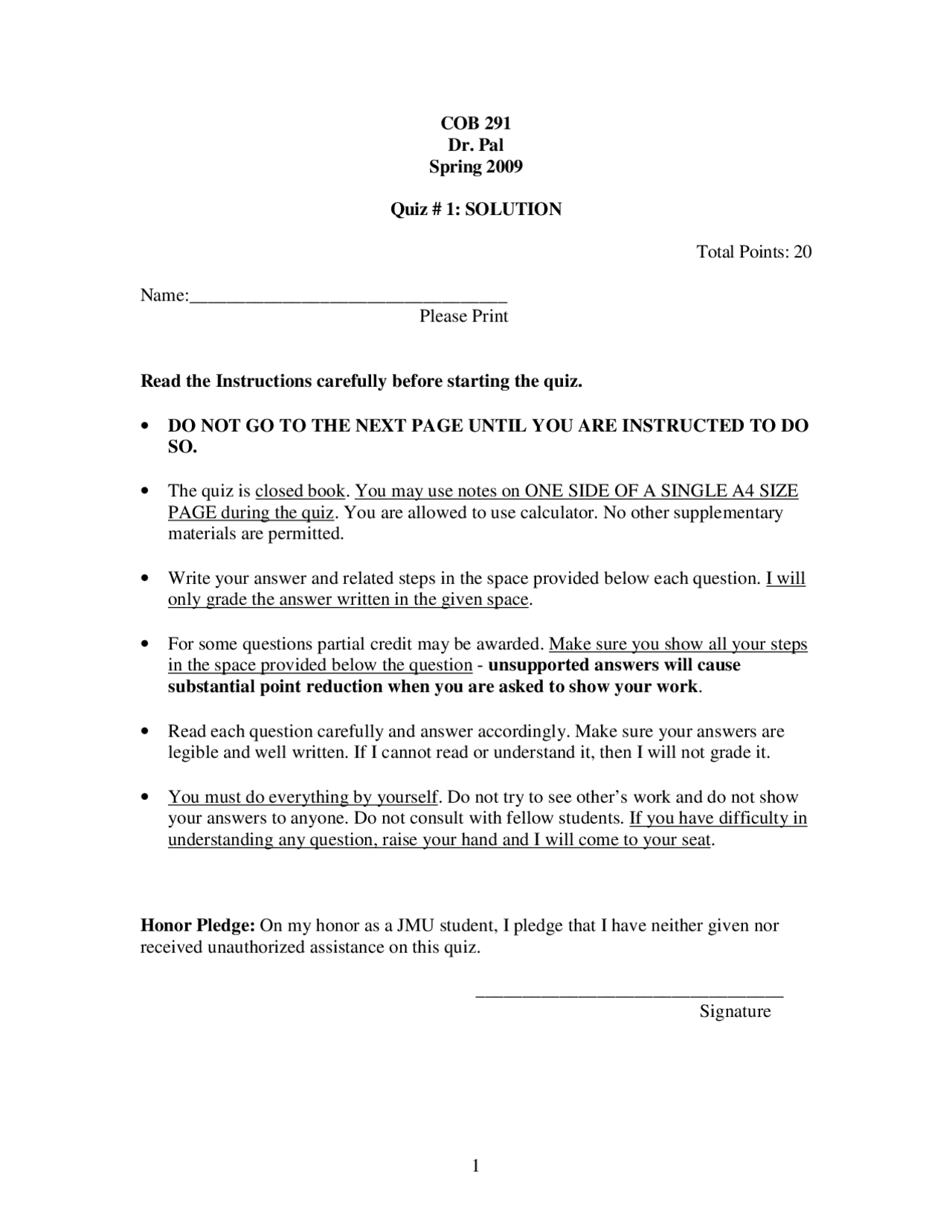 Introductory Management Science Quiz I Solution Cob 291 Docsity