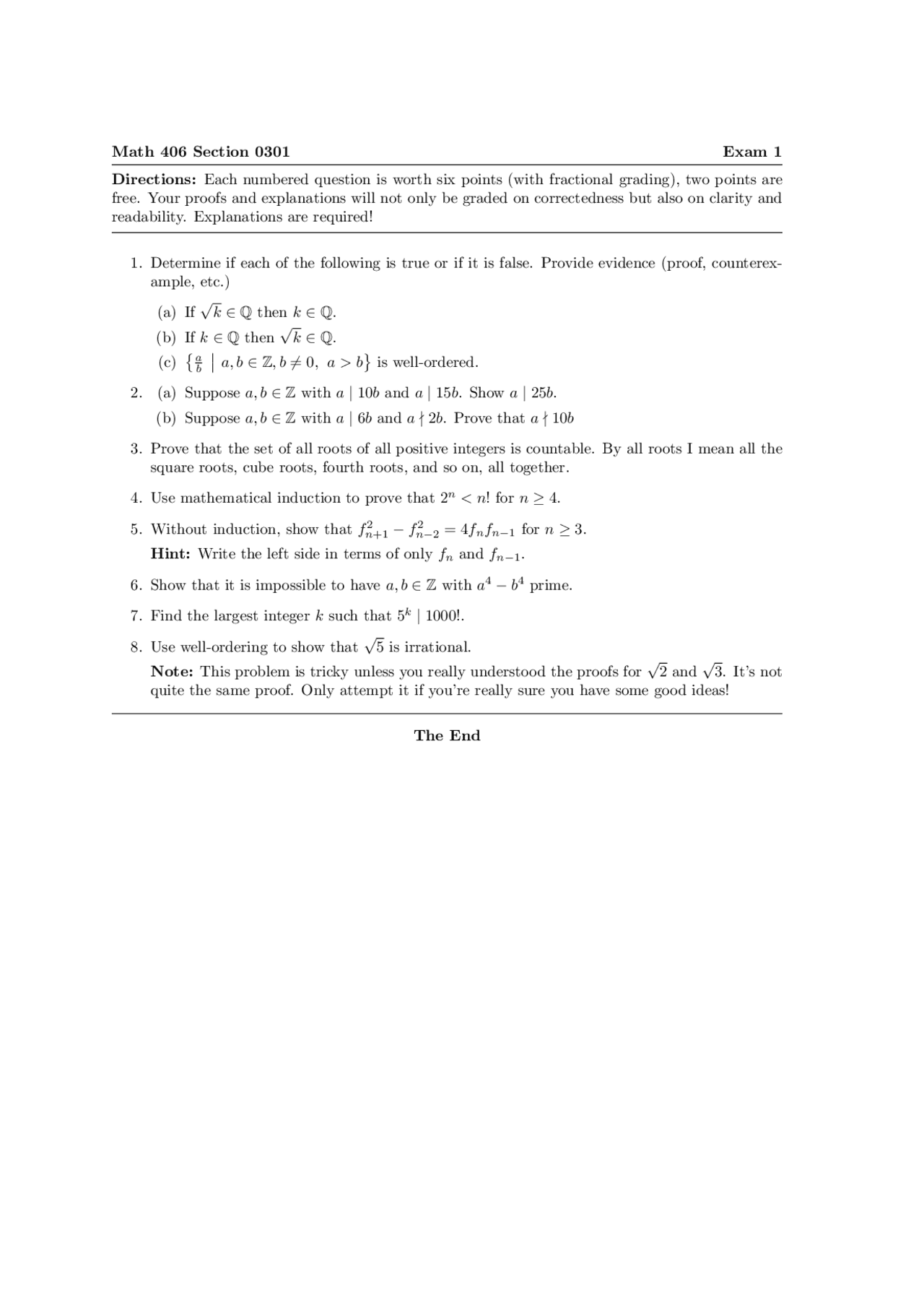 Math 406 Section 0301 Exam 1: Problems on Number Theory and Induction - Prof. Justin Olav ...