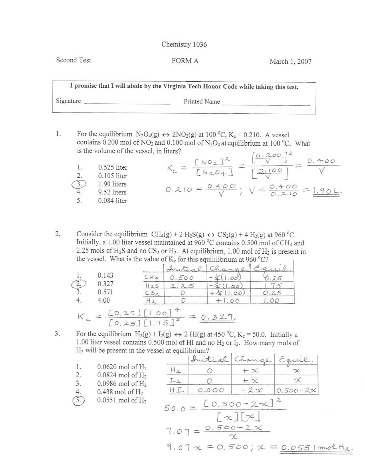 Test 2a Solved General Chemistry Chem 1036 Docsity