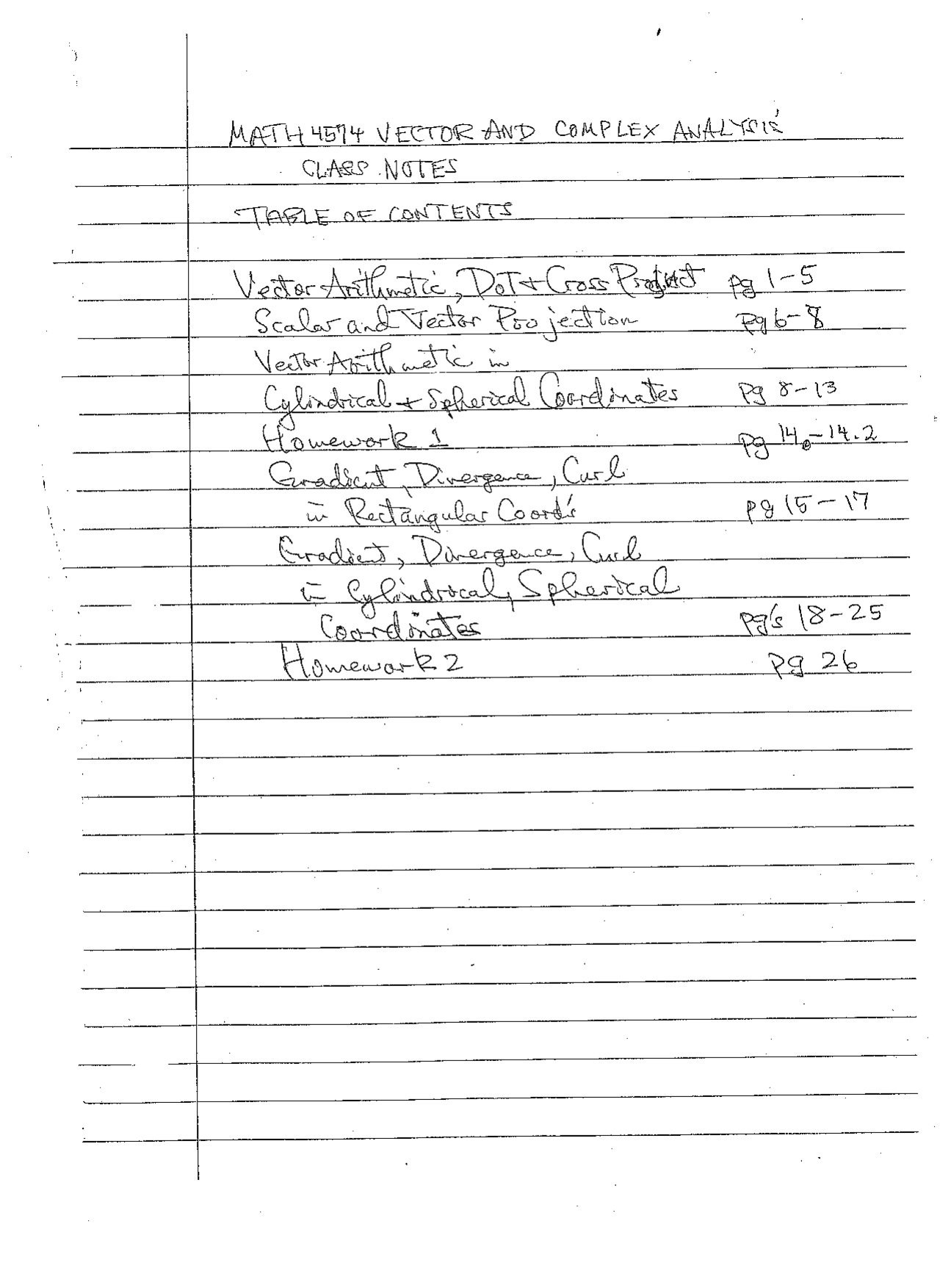 Handwritten Notes On Vector And Complex Analysis Math 4574 Docsity
