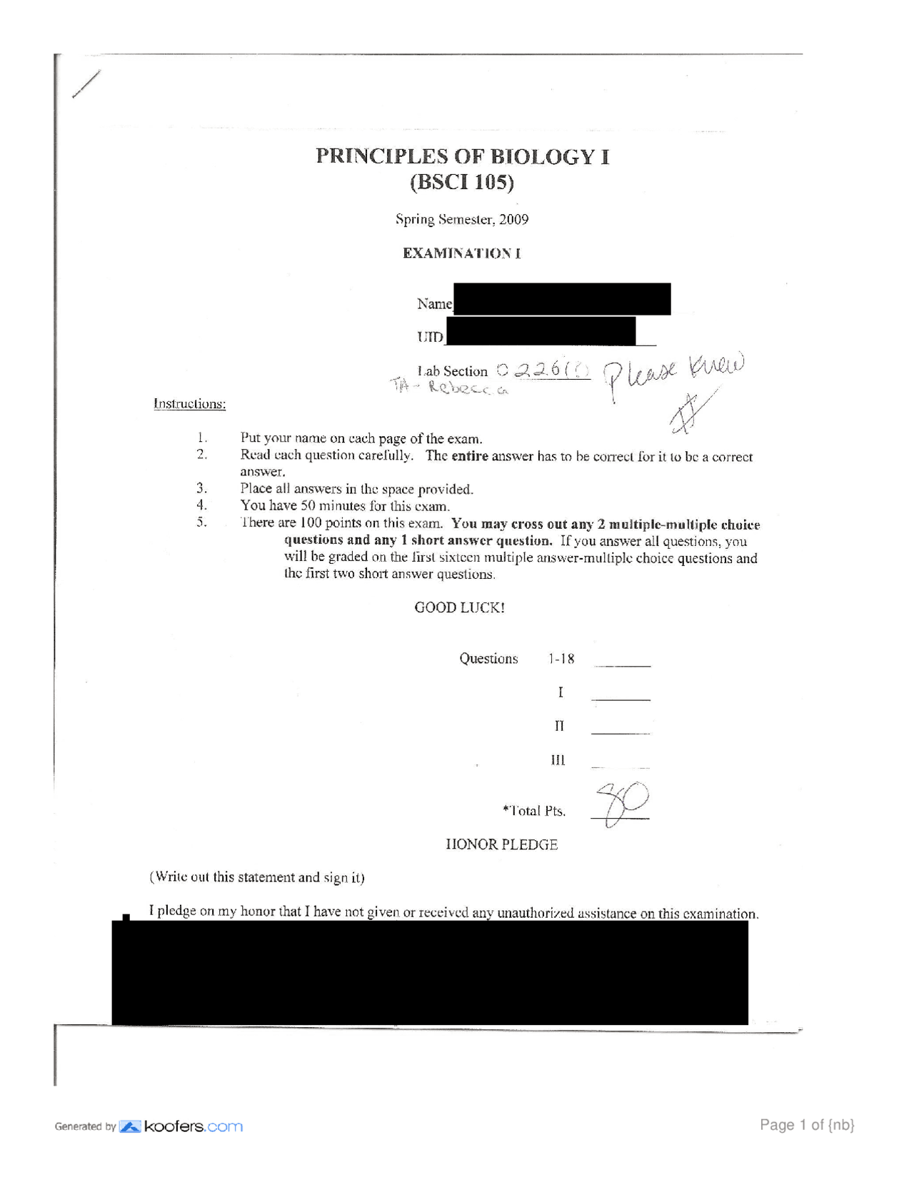 Practice Exam 1 Principles Of Biology I Bsci 105 Docsity