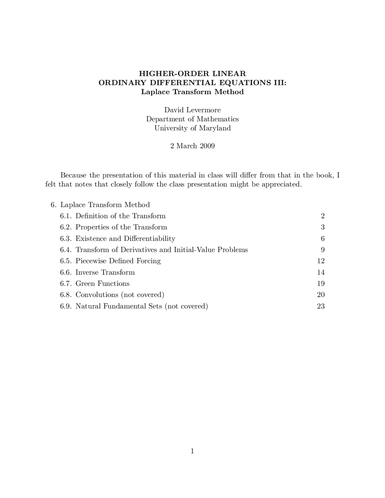 Laplace Transform Method Lecture Notes Math 246 Docsity
