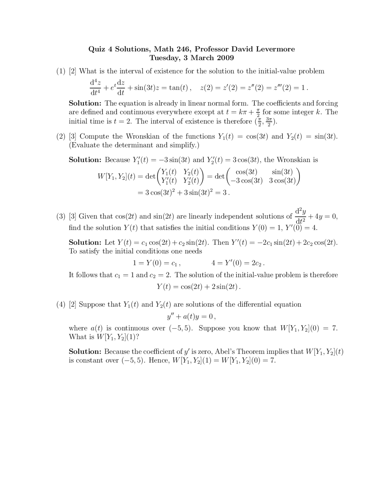 Quiz 4 Solutions Differential Equations For Engineers And Scientists