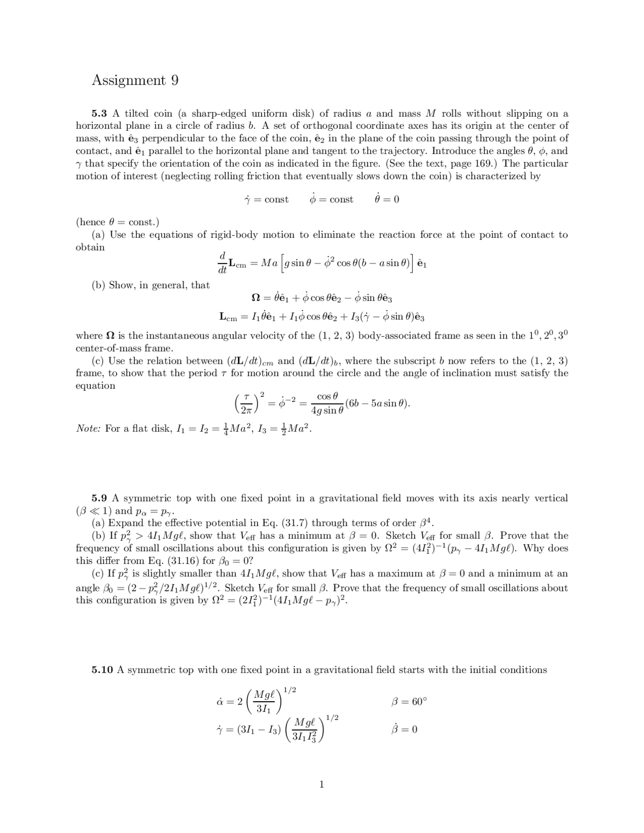 Assignment 9 on Theoretical Mechanics I | PHYS 5210 - Docsity