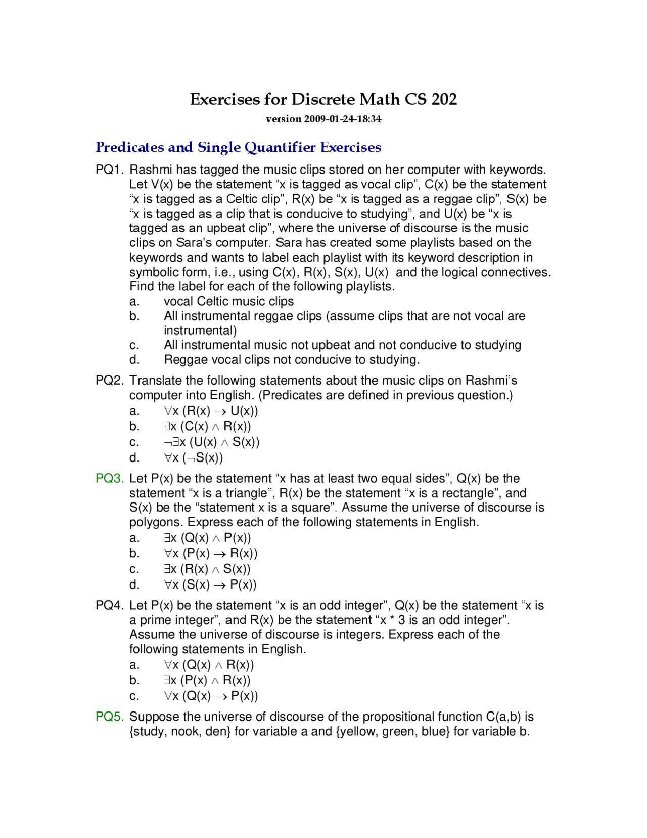 Predicates and Single Quantifier Exercises - Discrete Mathematics I ...