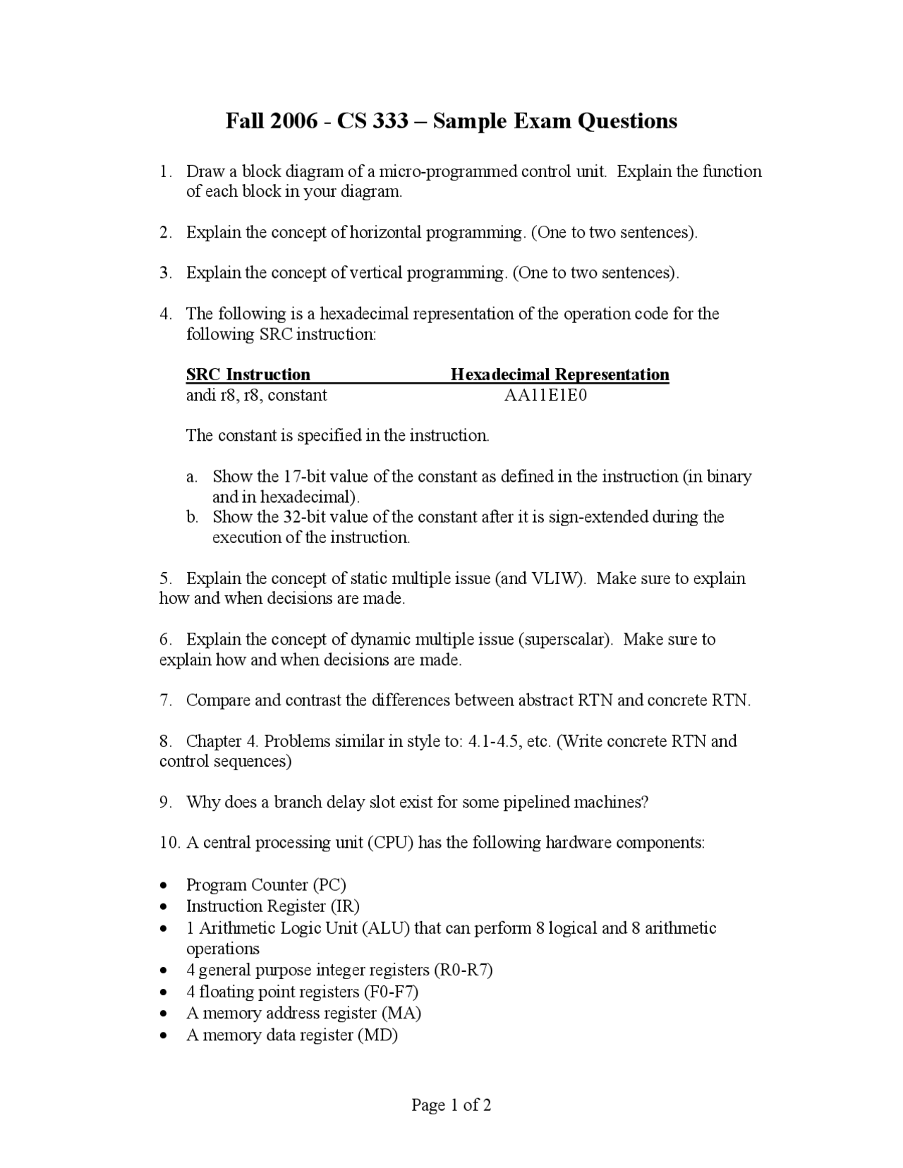 Computer Architecture Sample Exam Questions Cs 3330 Docsity