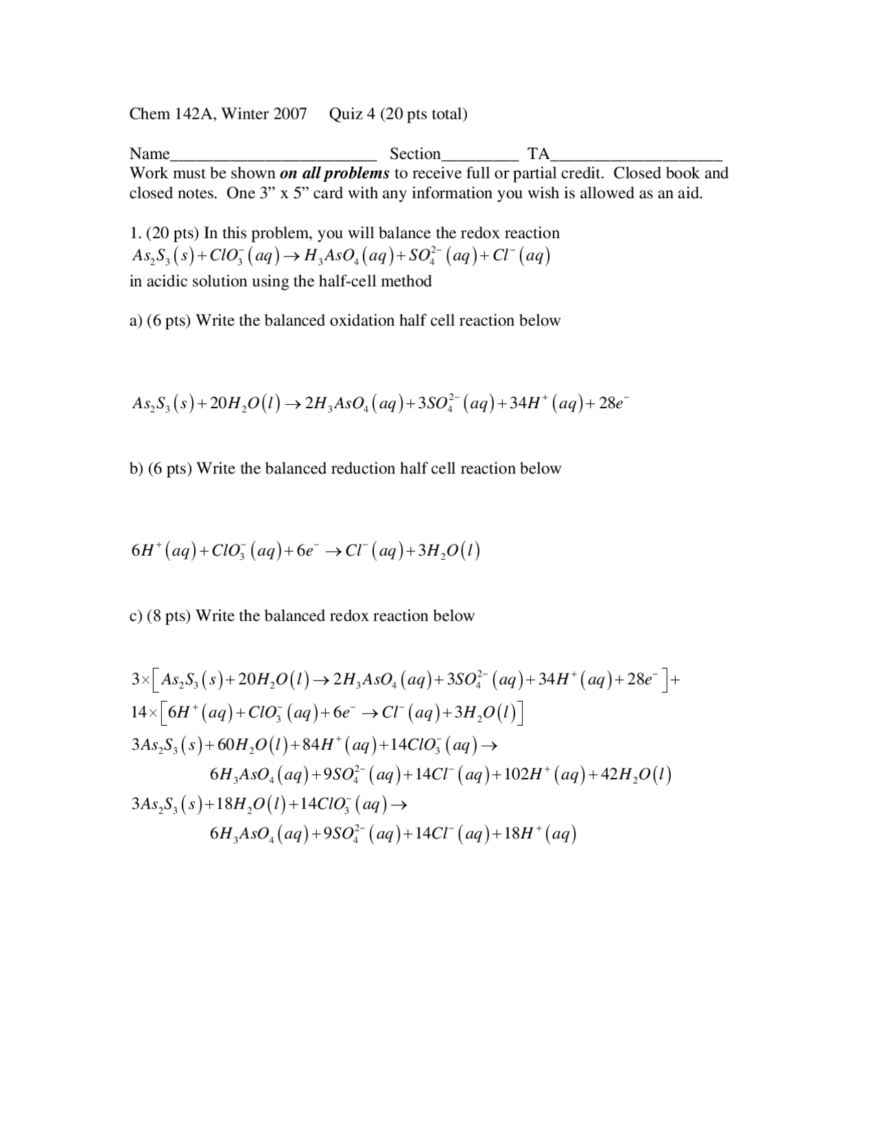 Quiz 4 for General Chemistry | CHEM 142 - Docsity