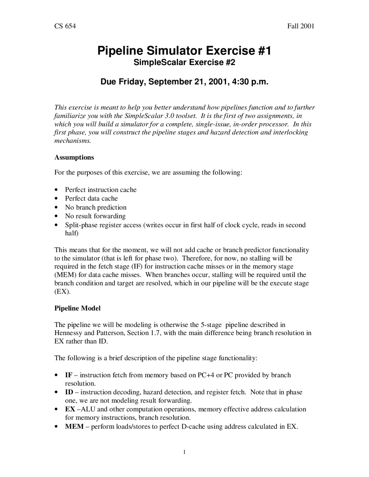 Pipeline Simulator Exercise For Computer Architecture Fall 2001 Cs