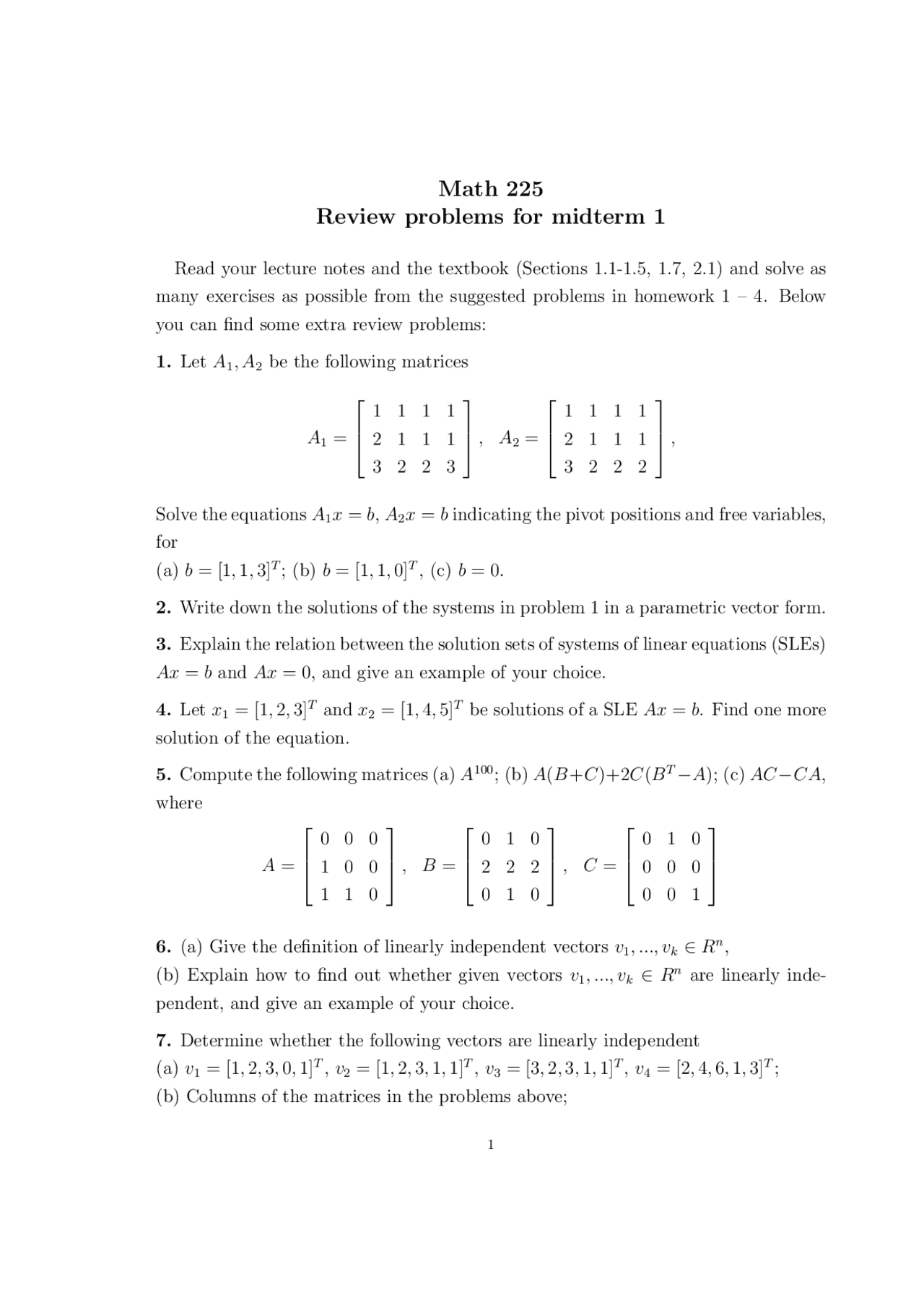 11 Problems On Introductory Matrix Theory Review Sheet Math 225