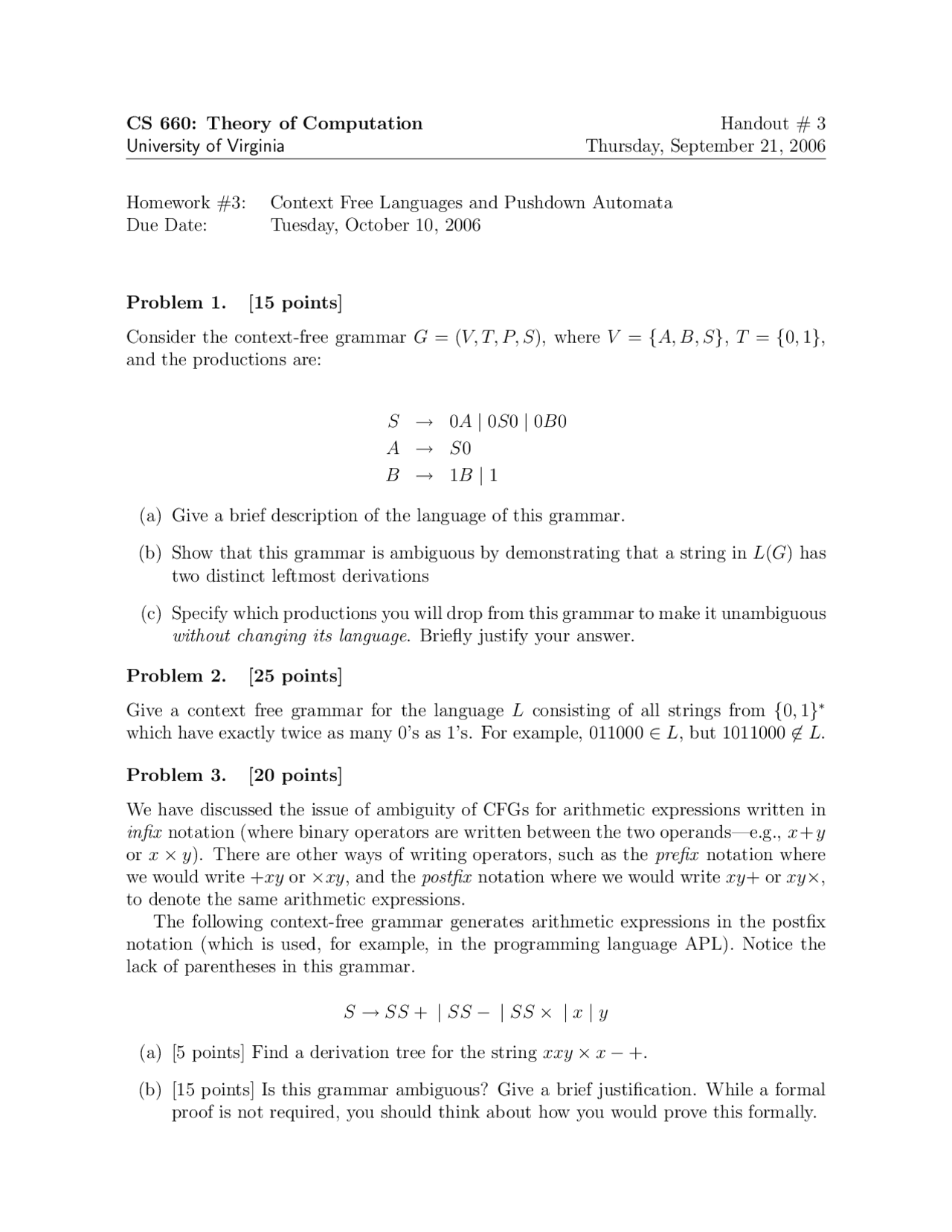 Handout Problem For Theory Of Computation Cs 6160 Docsity