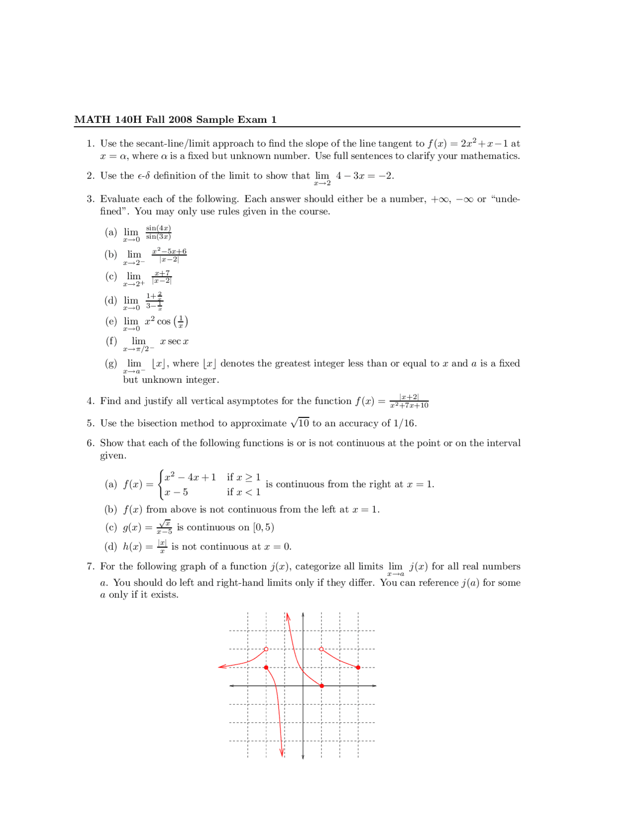 Sample Exam 1 - Fall 2008 | Calculus I | MATH 140H - Docsity