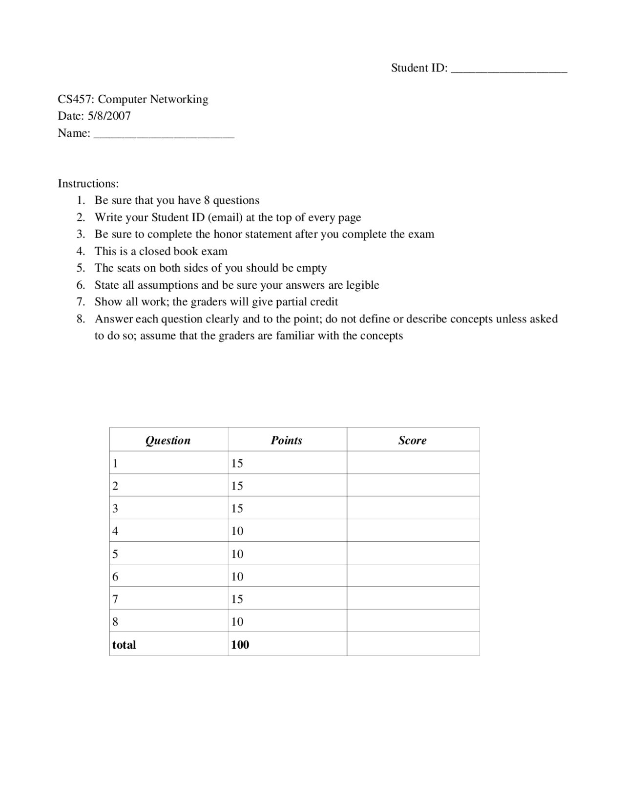 Exam 2 With Answers Computer Networks Cs 4457 Exams Computer Systems Networking And 5344