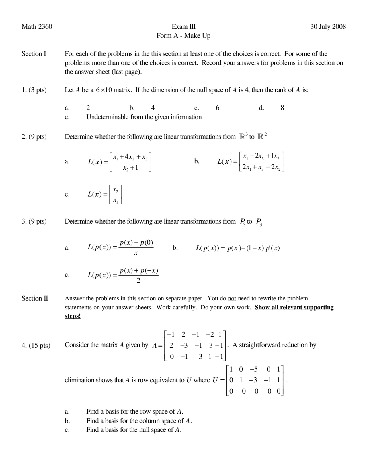Exam 3 Questions Linear Algebra Honors Fall 2008 Math 2360 Docsity