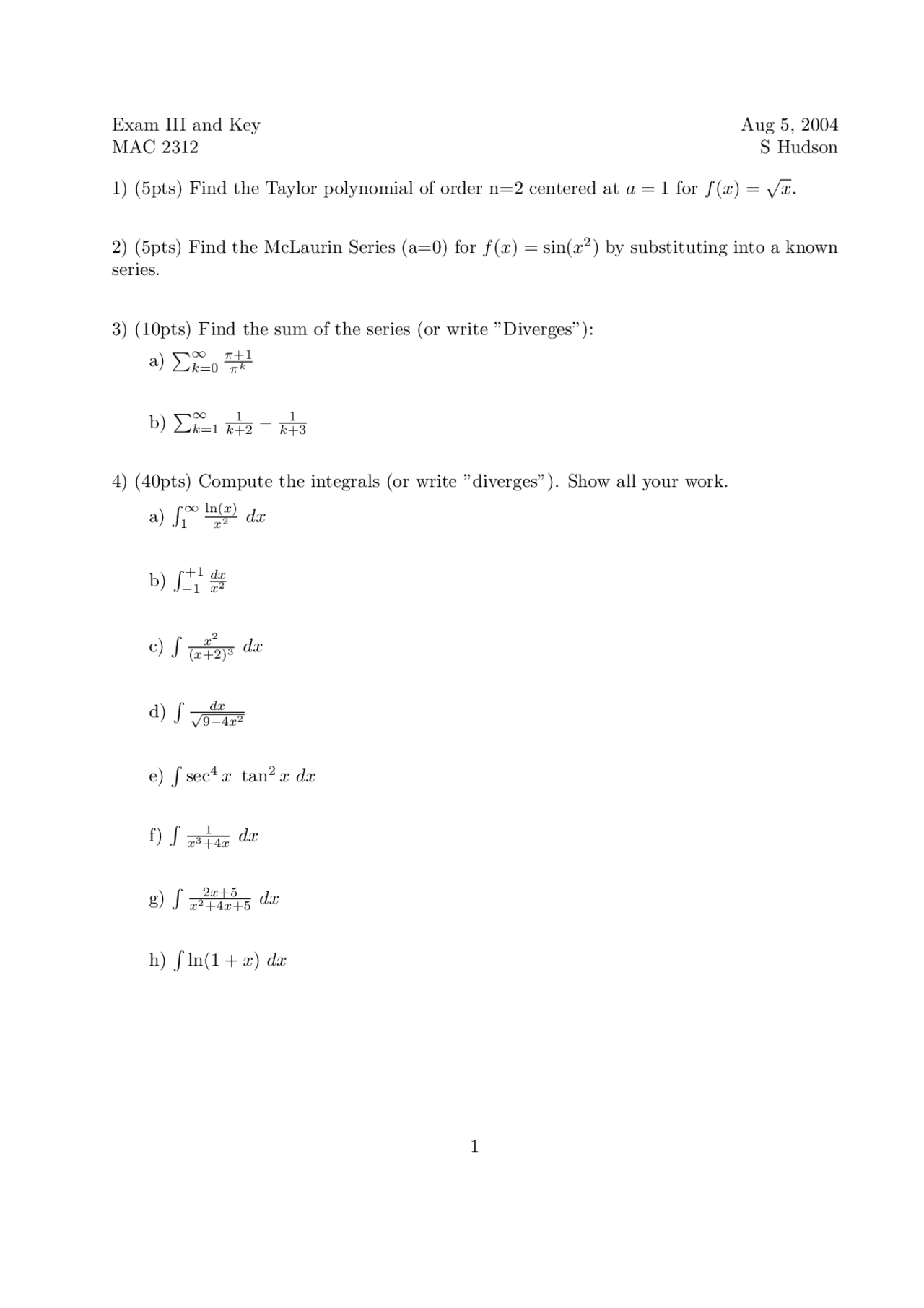 Exam 3 With Solution Key Calculus Ii Mac 2312 Docsity
