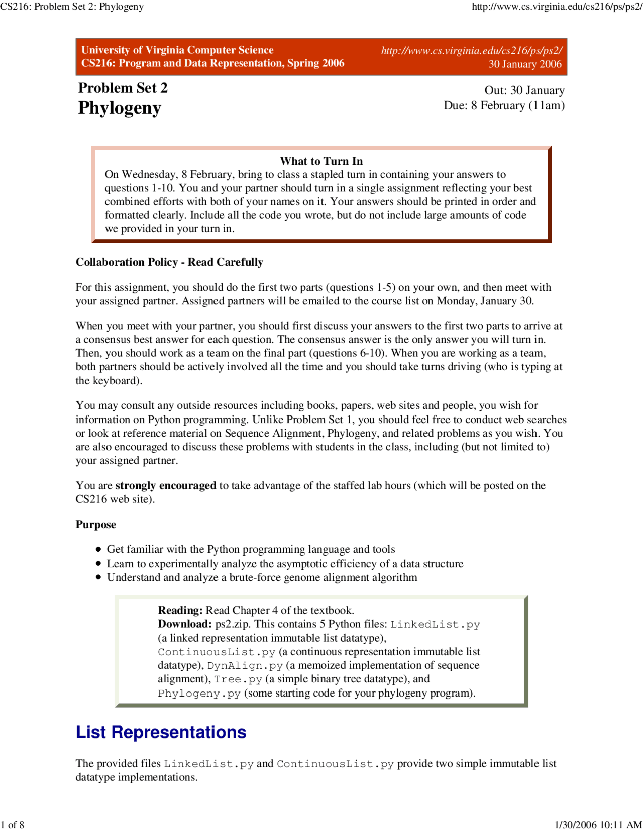 Problem Set 2 Phylogeny - Program and Data Representation | CS 2150 - Docsity