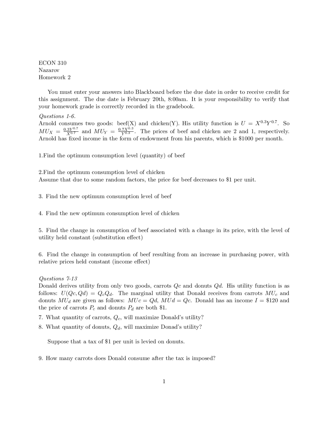 Homework 2 Microeconomics Theory And Applications Econ 310 Docsity