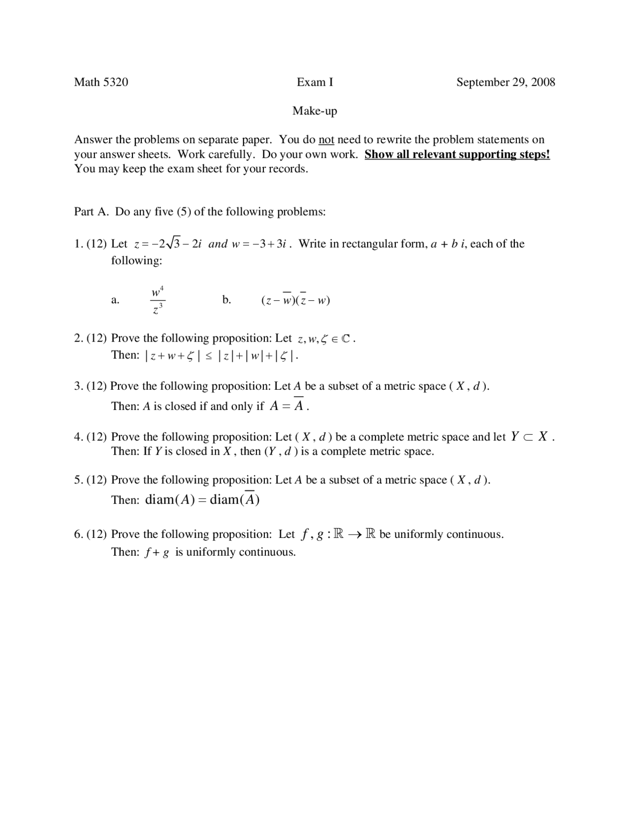 8 Problems On Uniformly Continuous Functions Exam 1 Math 5320 Docsity