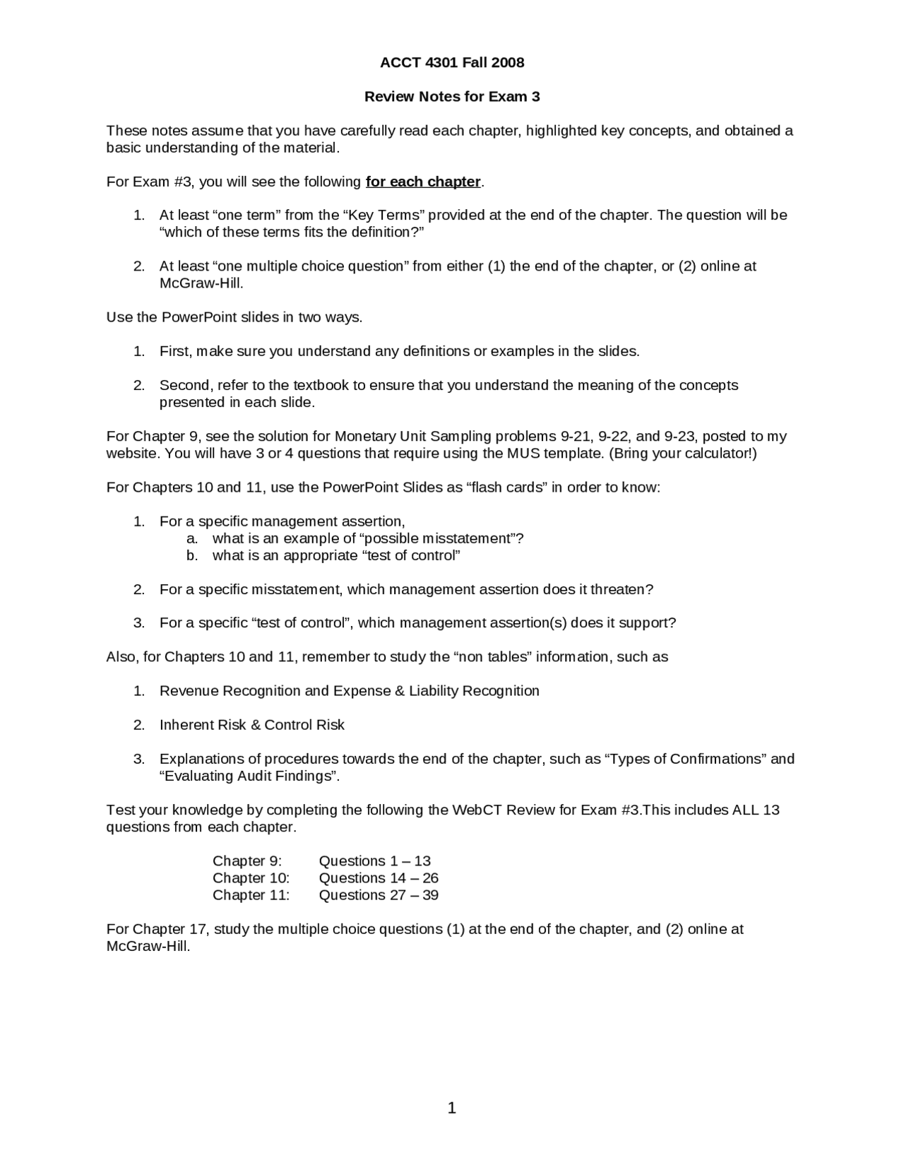 Exam Review Concepts In Principles Of Auditing Acct 4301 Docsity
