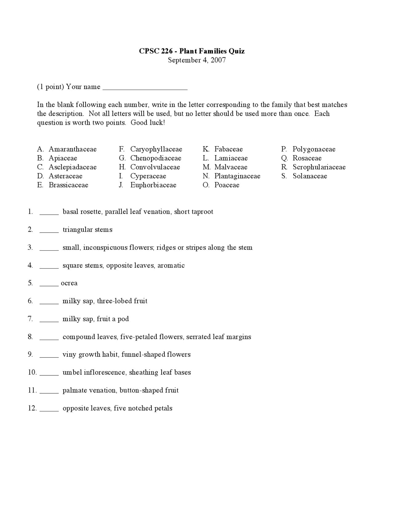 Plant Families Quiz Introduction To Weed Science Cpsc 226 Docsity
