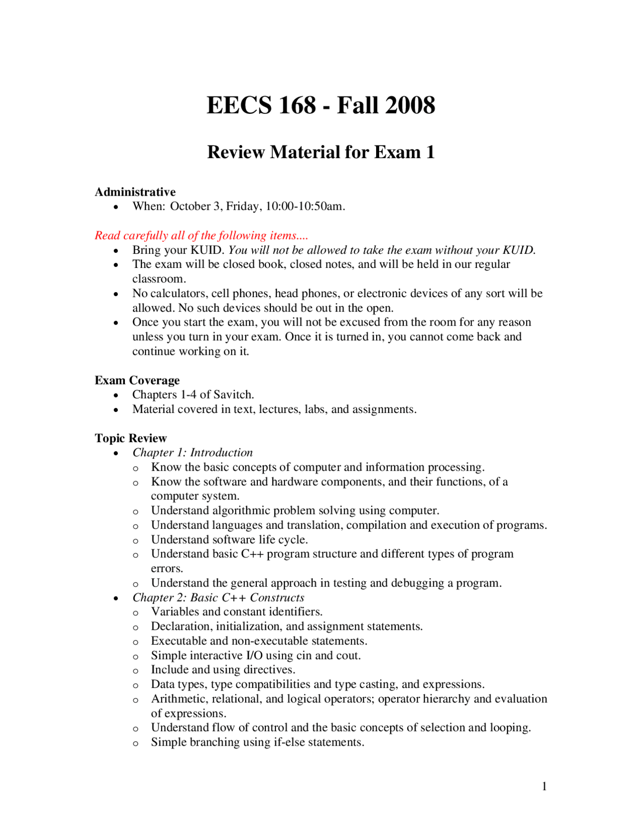 Programming I Exam 1 Review Sheet Eecs 168 Docsity