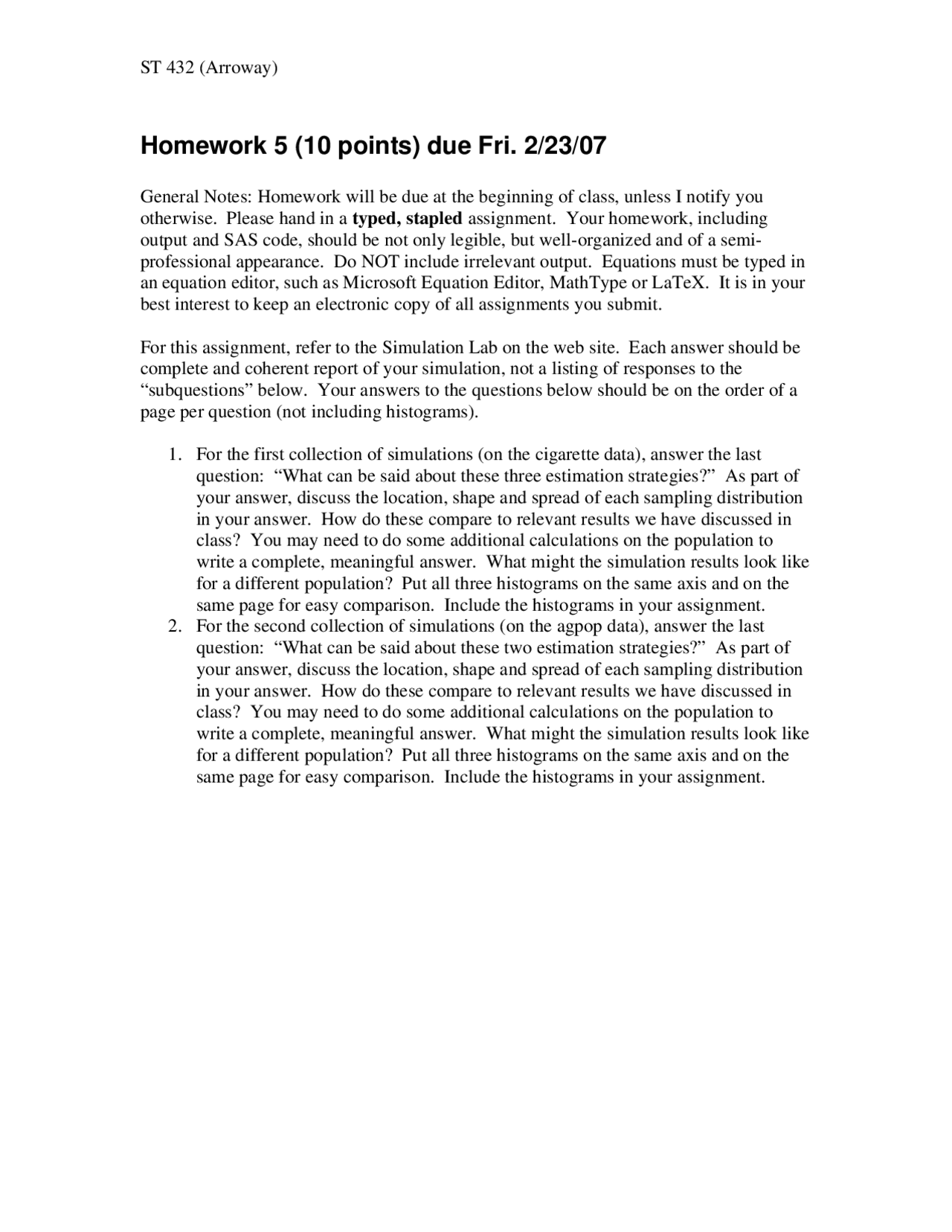 Introduction To Survey Sampling Homework 5 St 432 Docsity