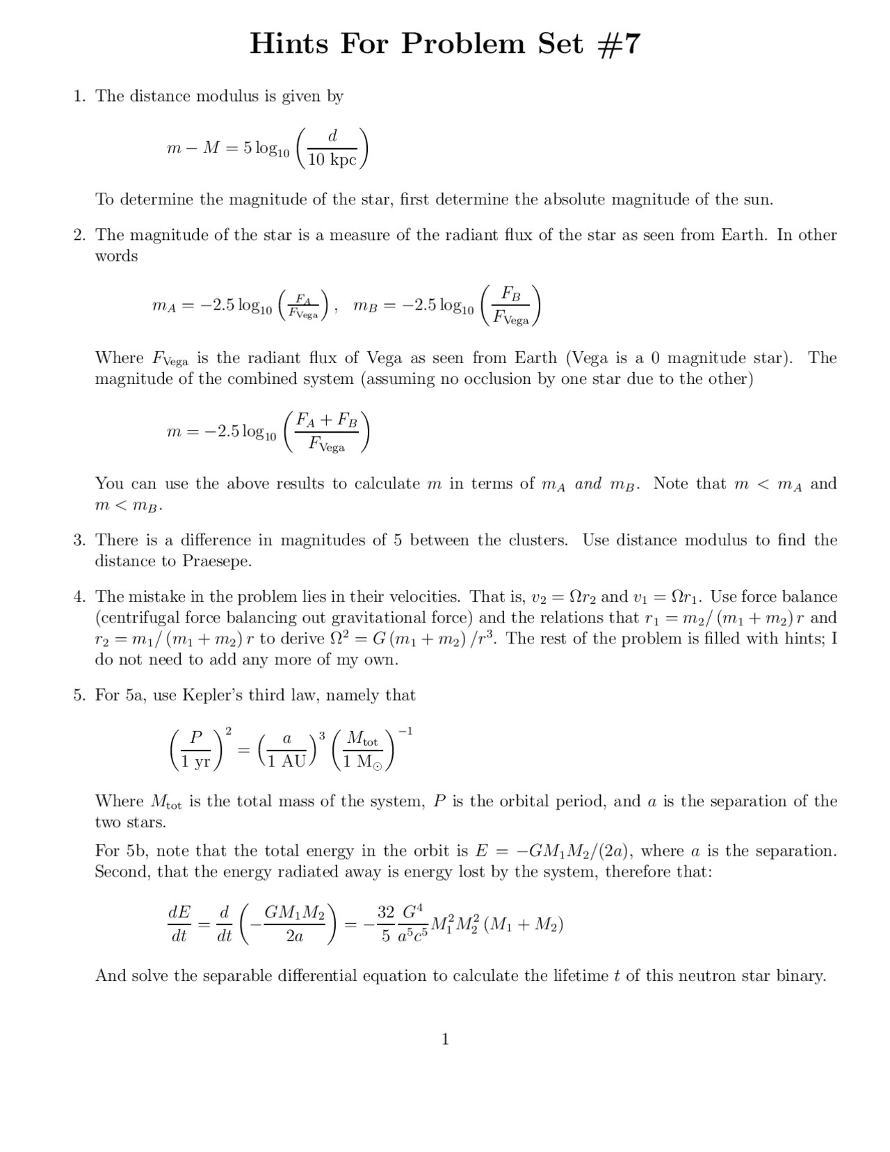 Hints For Problem Set 7 Introduction To Astrophysics I Astr 2110
