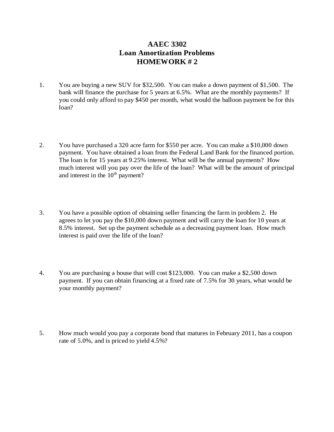 Homework 2 Loan Amortization Problems Aaec 3302 Docsity