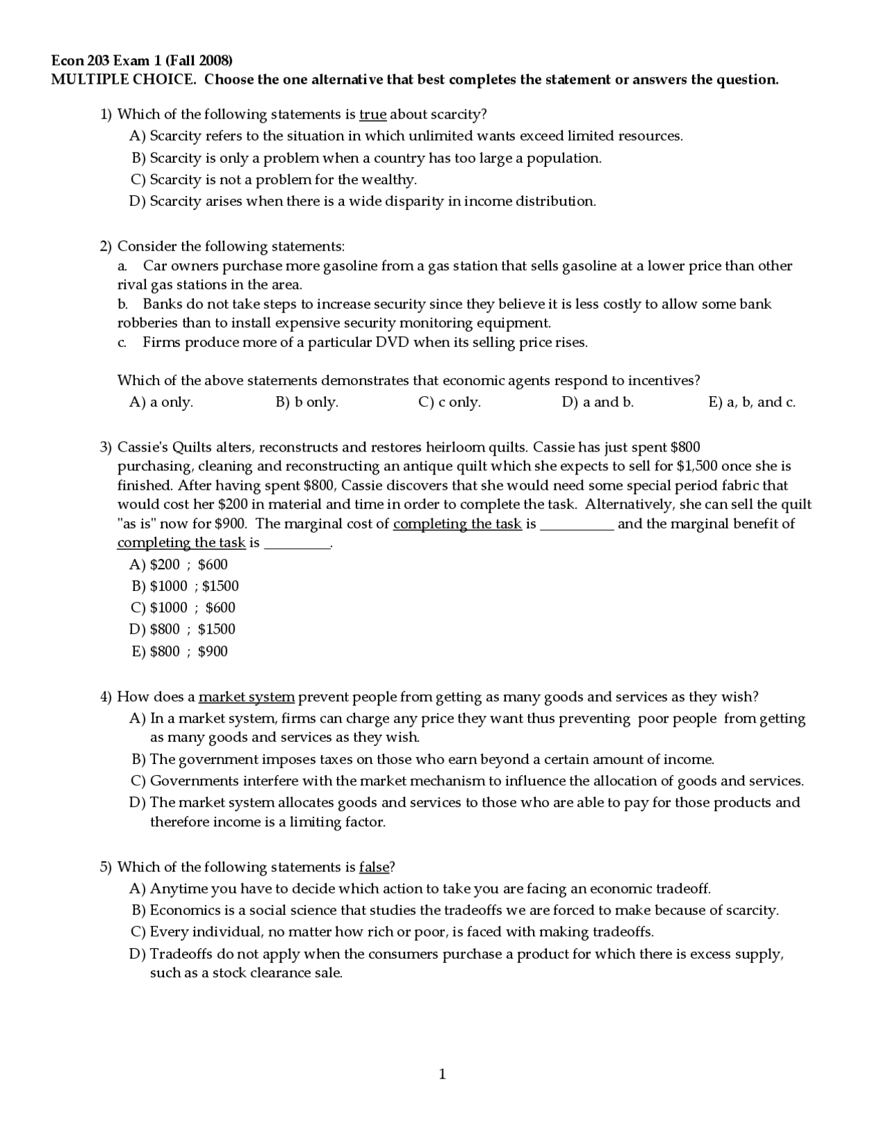 Test One Answer Key Principles Of Economics Econ 203 Docsity