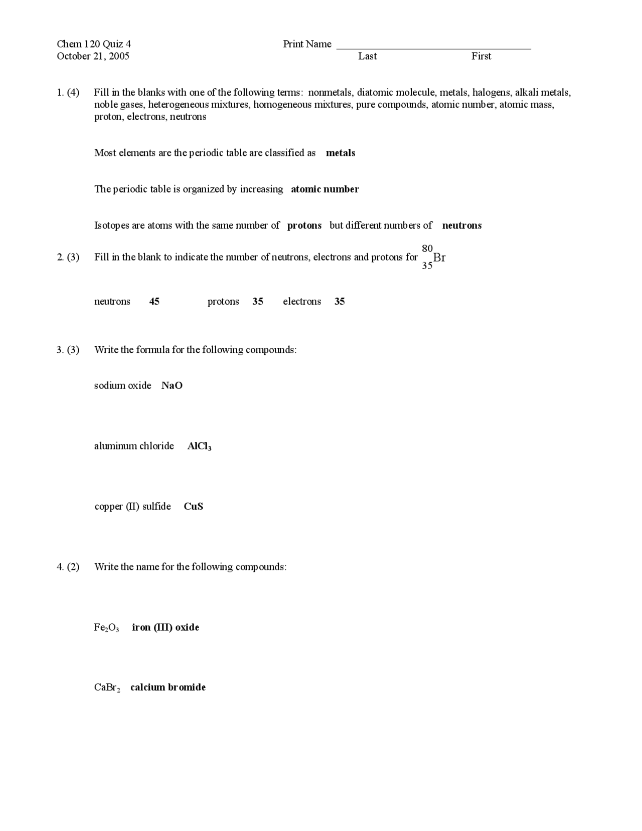 Quiz 4 Questions Fall 2005 Principles Of Chemistry Chem 120 Docsity