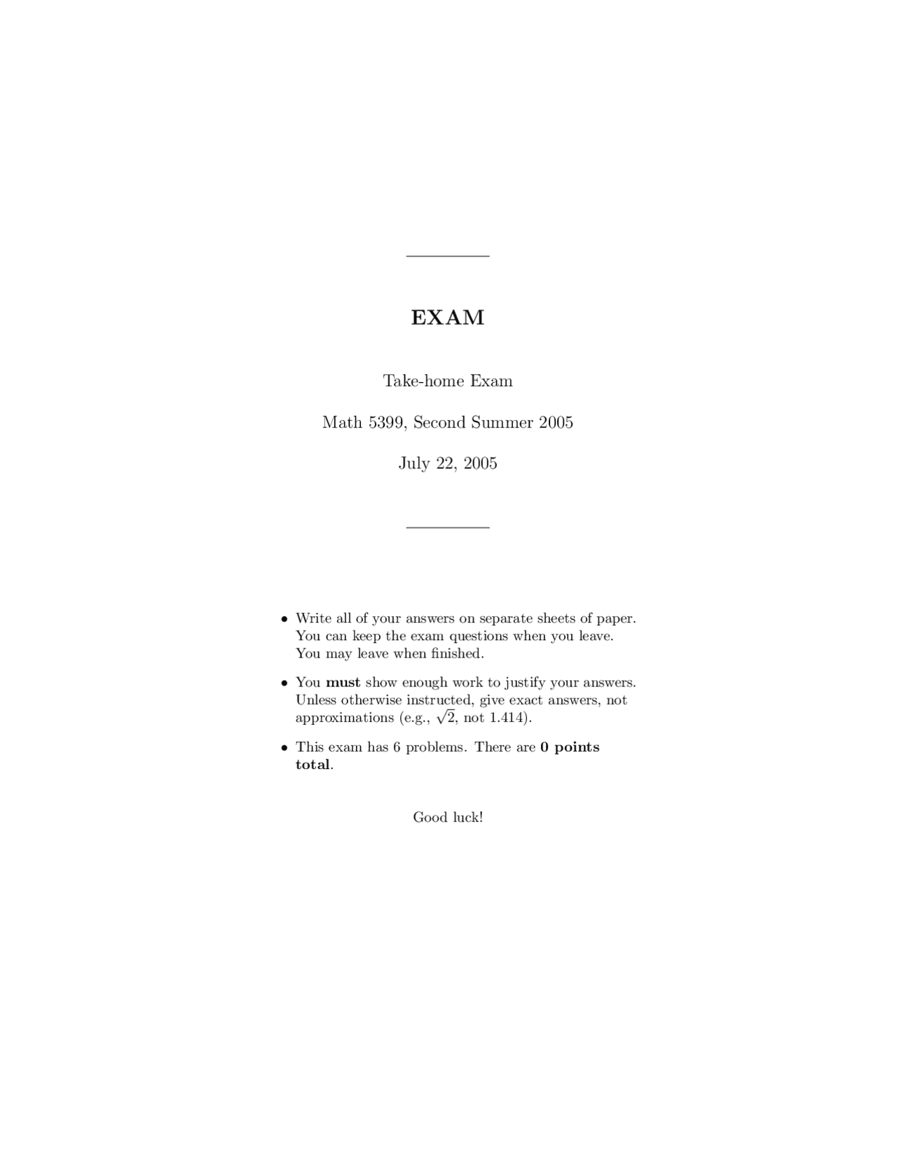 6 Problems For Exam 1 Advanced Problems Math 5399 Docsity