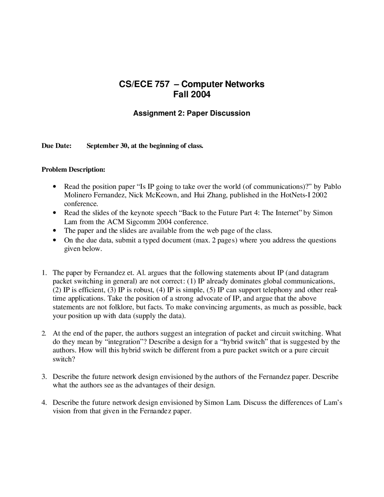 Assignment 2 Paper Discussion Computer Network Fall 2004 Cs 7457 Docsity