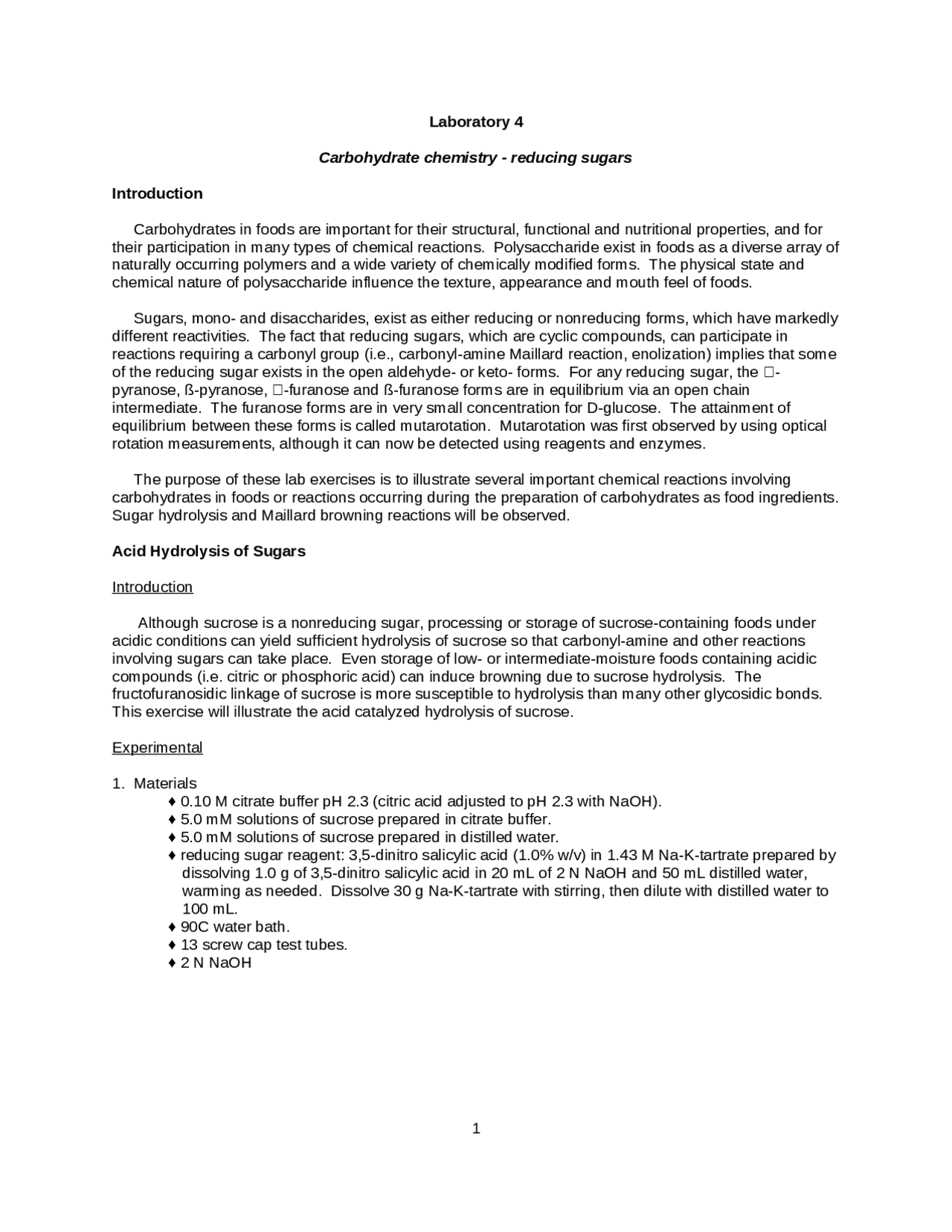 Carbohydrate Chemistry - Reducing Sugars - Laboratory #4 | FOS 4311 ...
