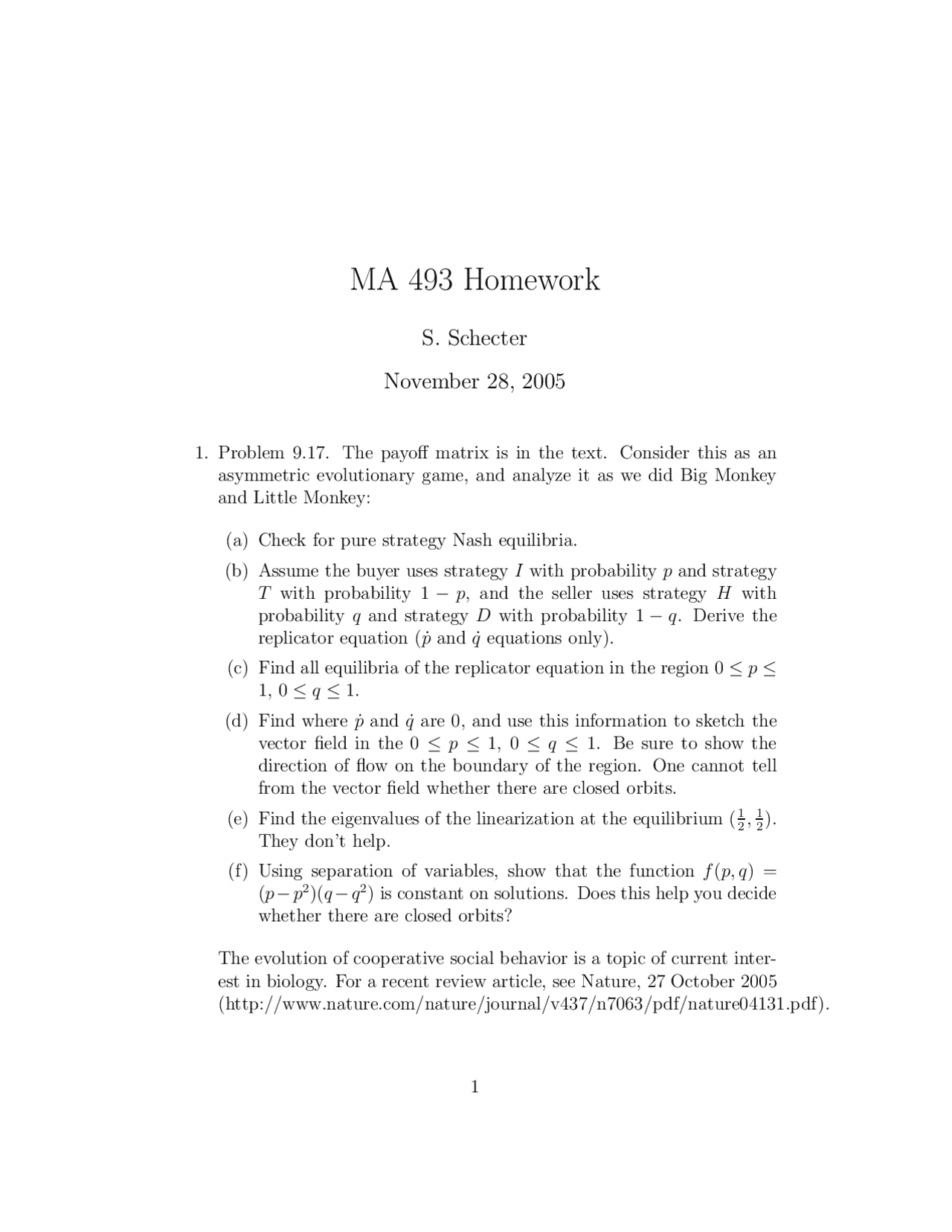 1 Question On Game Theory Assignment Ma 493b Docsity