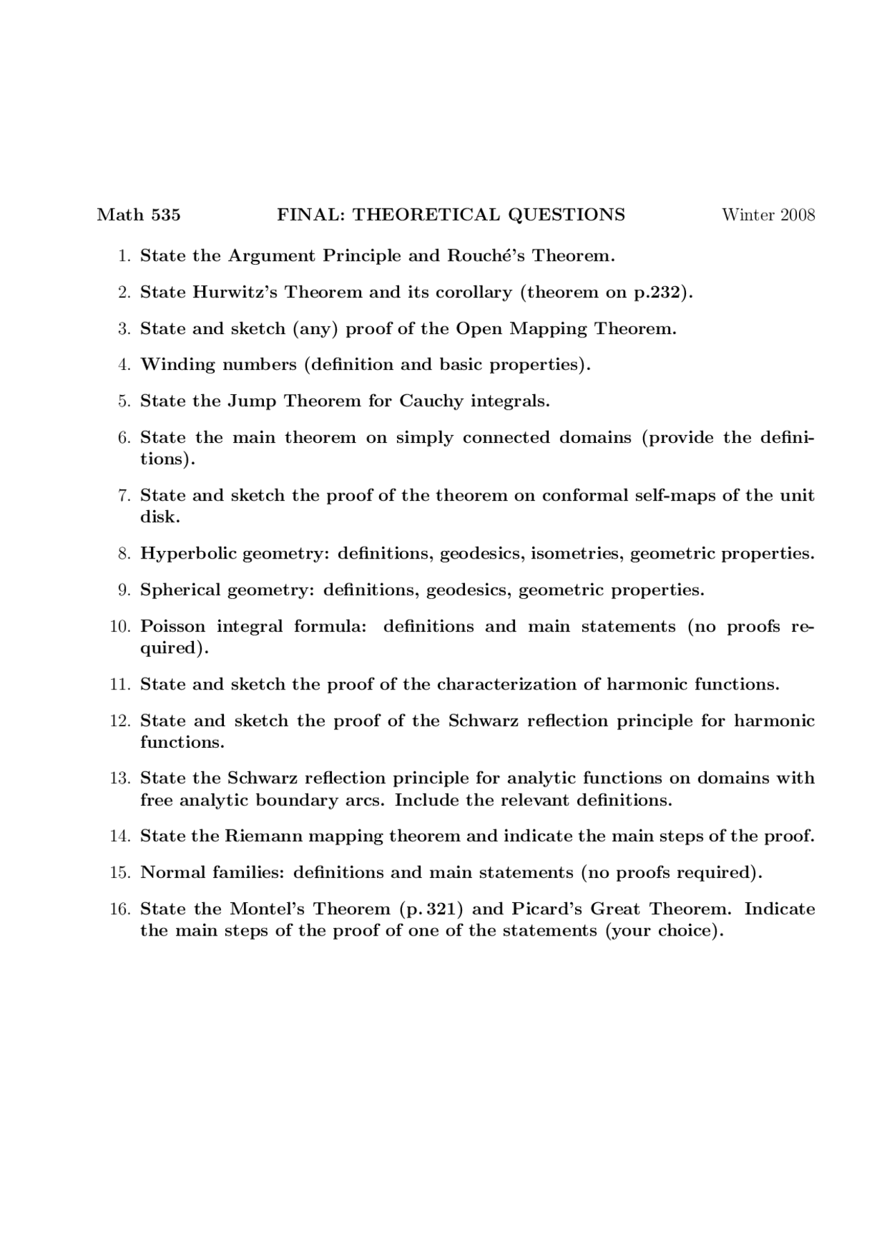 Theoretical Questions Final Exam Complex Analysis Math 535 Docsity