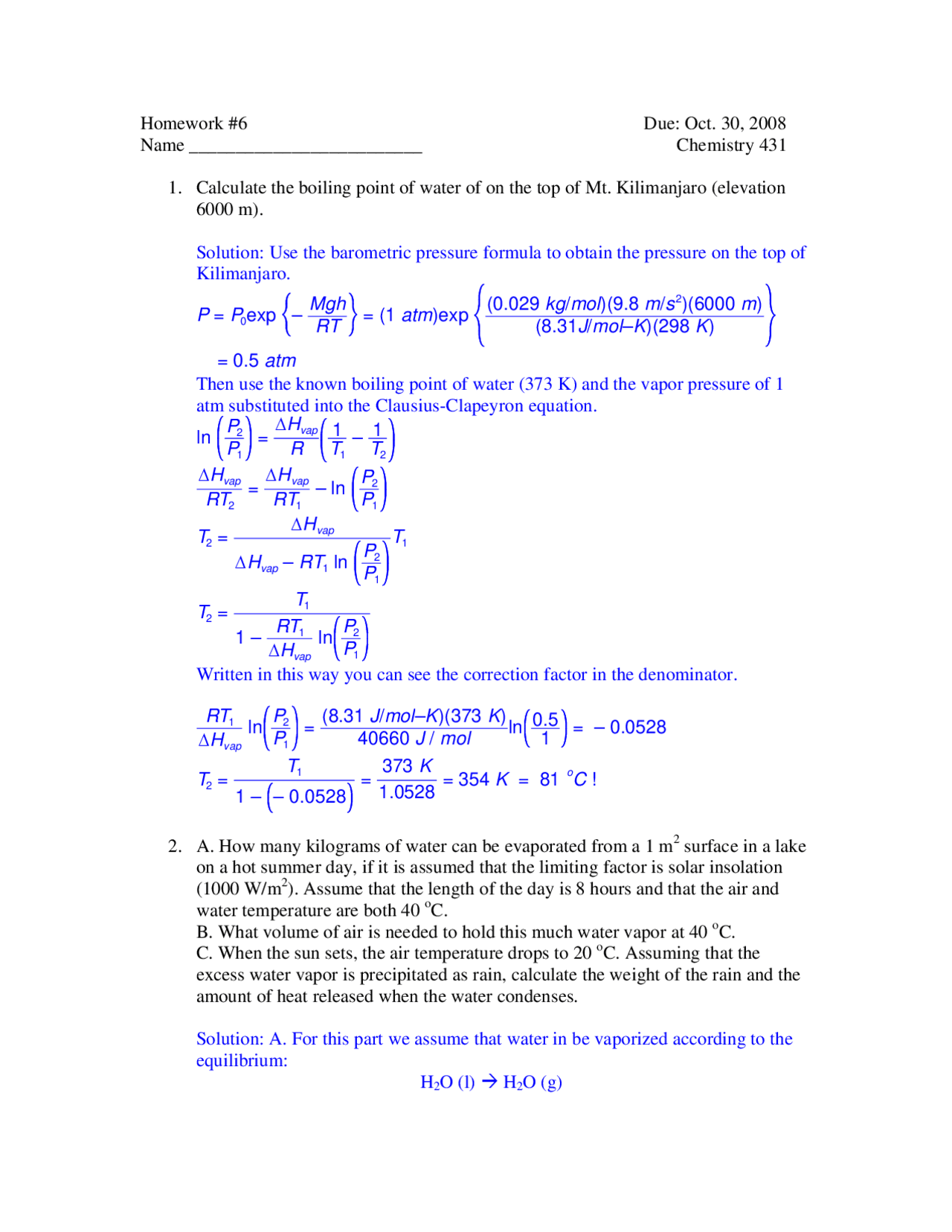 Homework 6 Solutions Physical Chemistry I Ch 431 Docsity