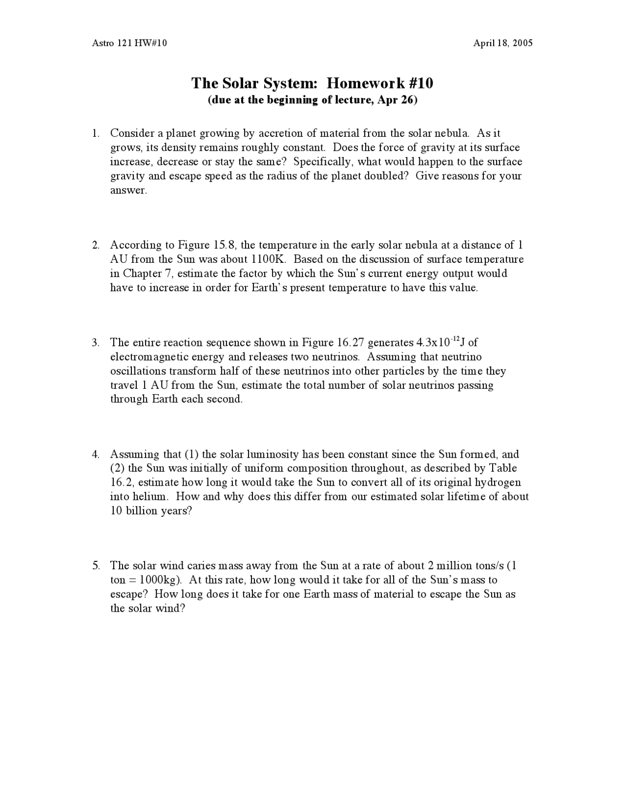 5 Questions For Assignment 10 The Solar System Astr 121