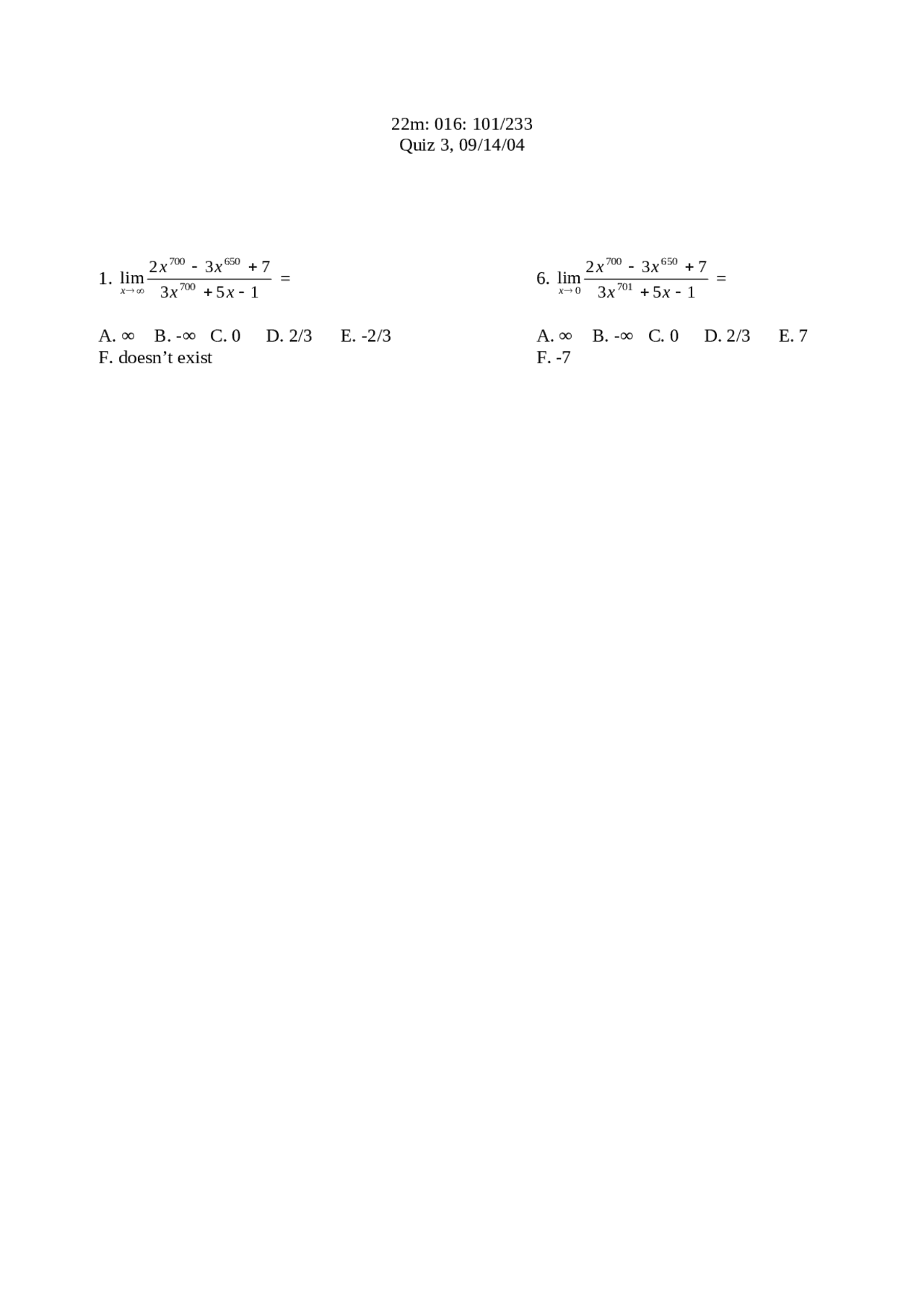 Quiz 3 Calculus For The Biological Sciences 22m 016 Docsity