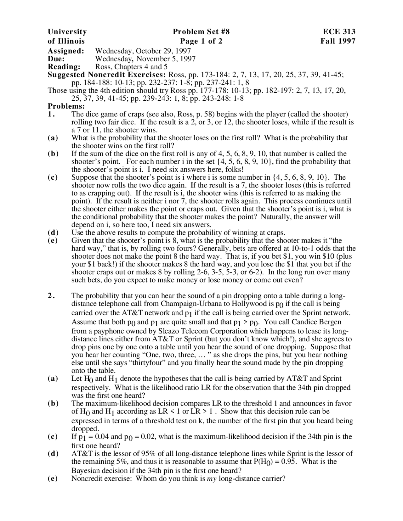 5 Problems on Probability of Engineering Applications - Problem Set 8 | ECE 313 - Docsity